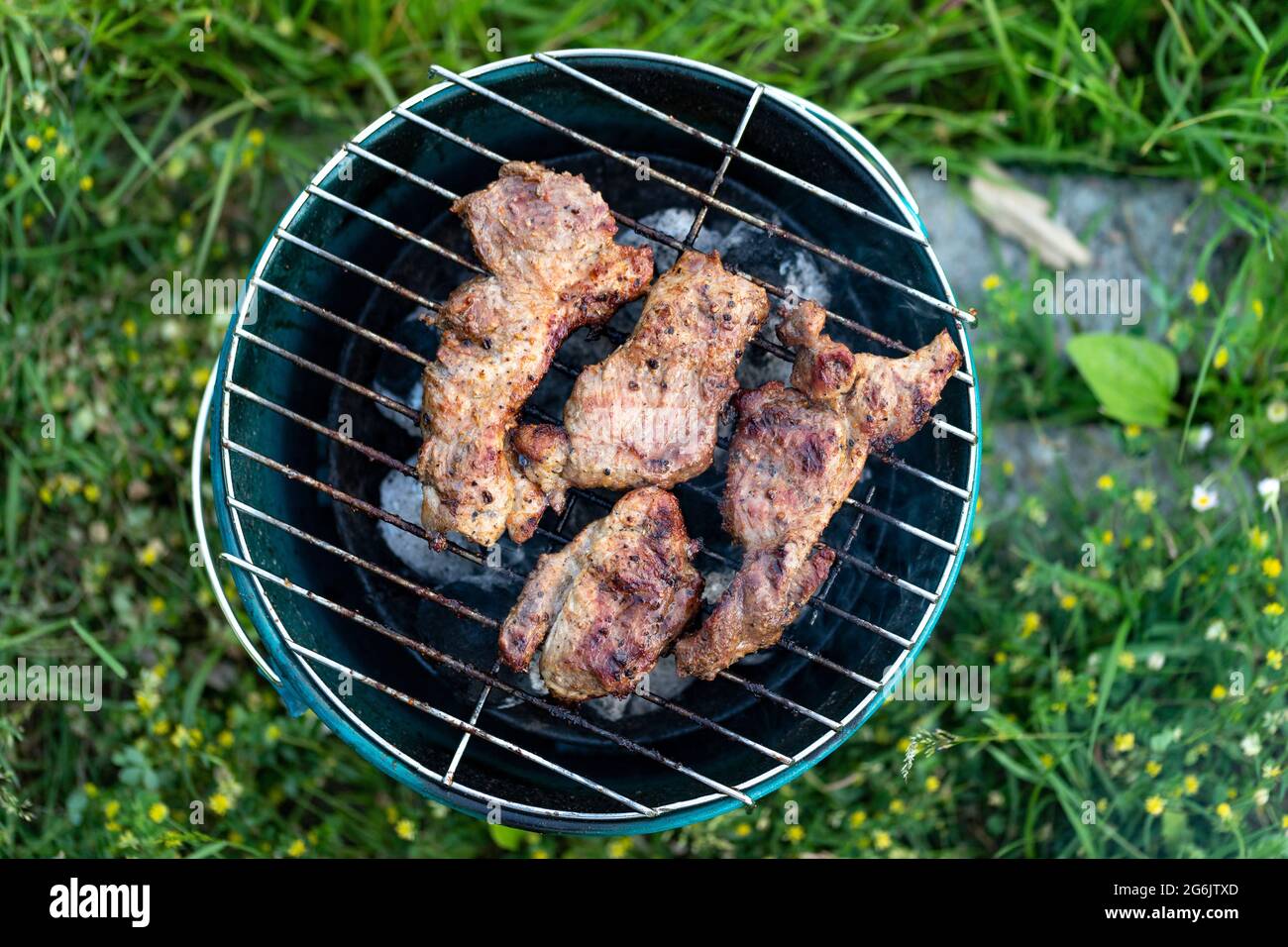 Tasty juicy meat grilled on a wire rack. A snack prepared outdoors ...