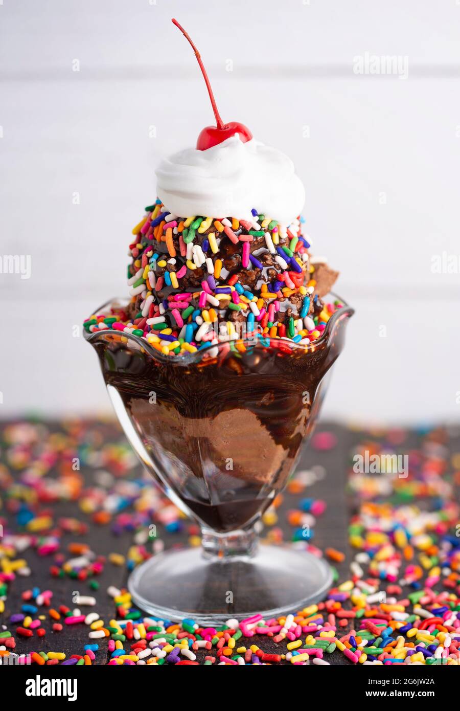 A Chocolate Ice Cream Sundae with Chocolate Syrup and Rainbow Sprinkles ...