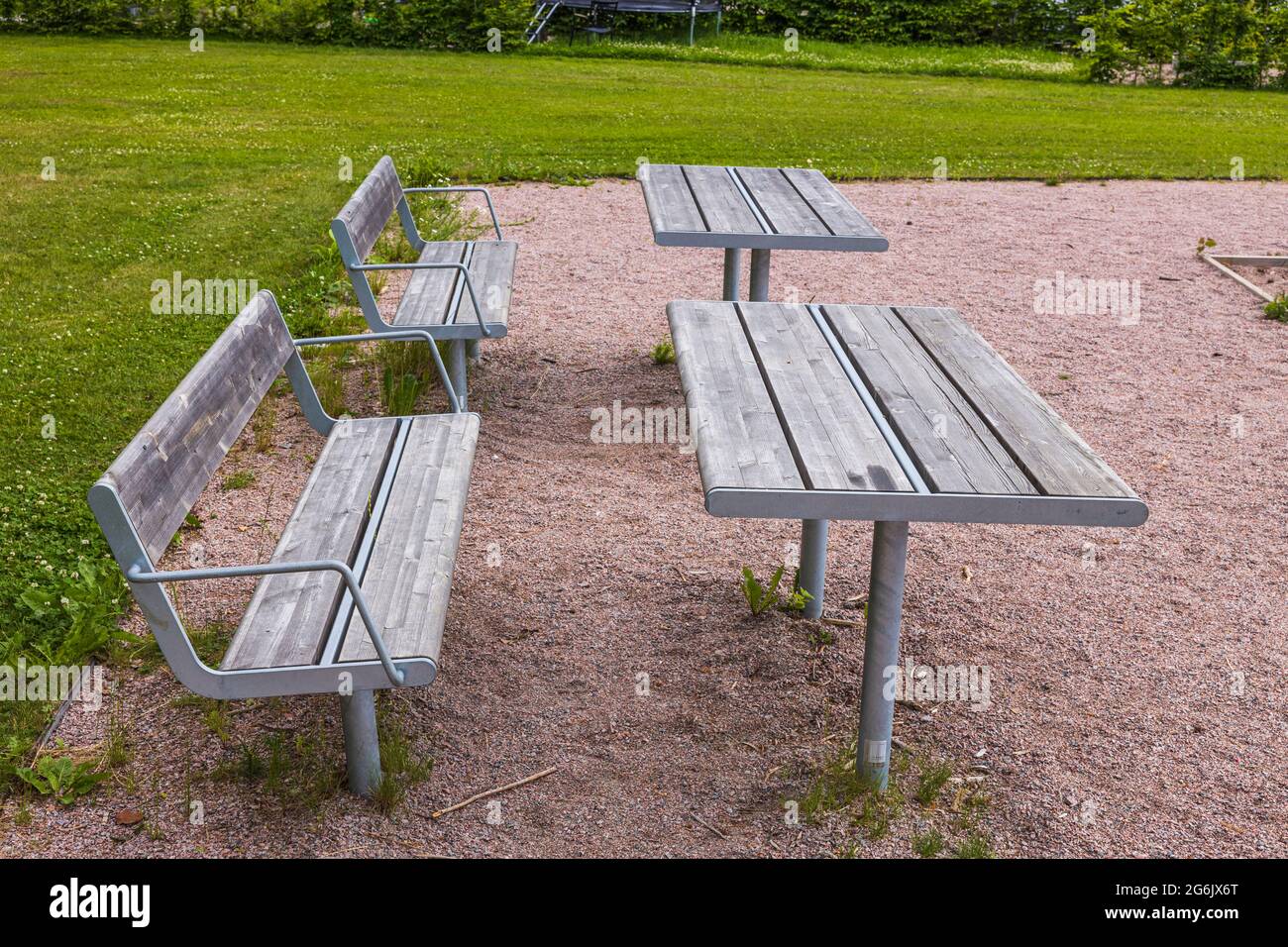 Beautiful landscape view of wooden benches and tables outdoor near ...