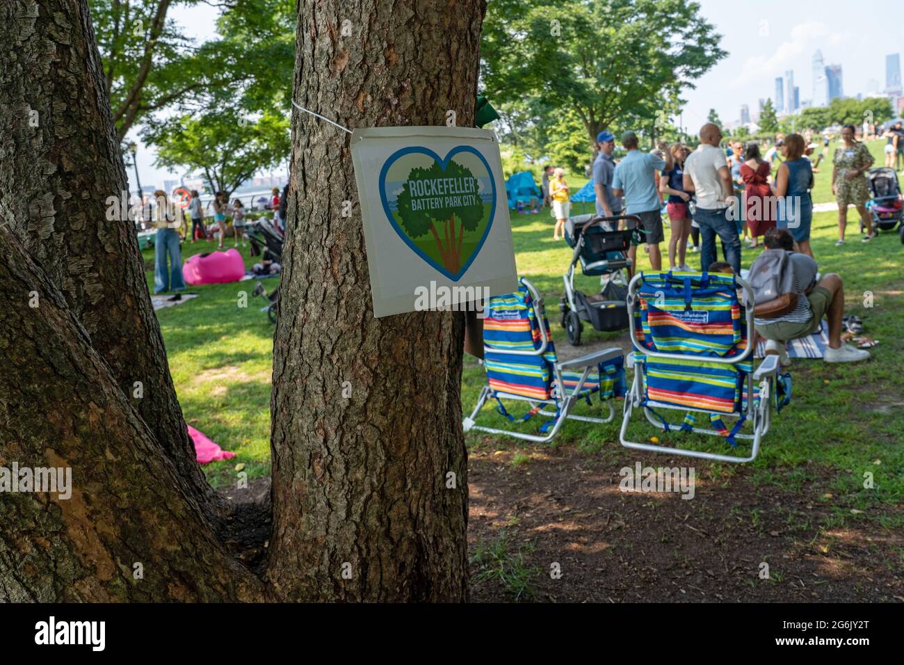 NEW YORK, NY – JULY 05: A sign seen on a tree during a rally in ...