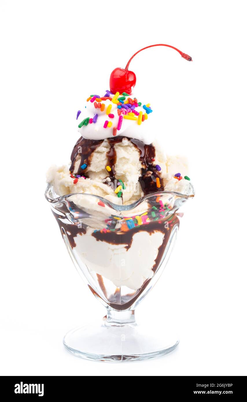 Vanilla Sundae with Chocolate Sauce Isolated on a White Background ...