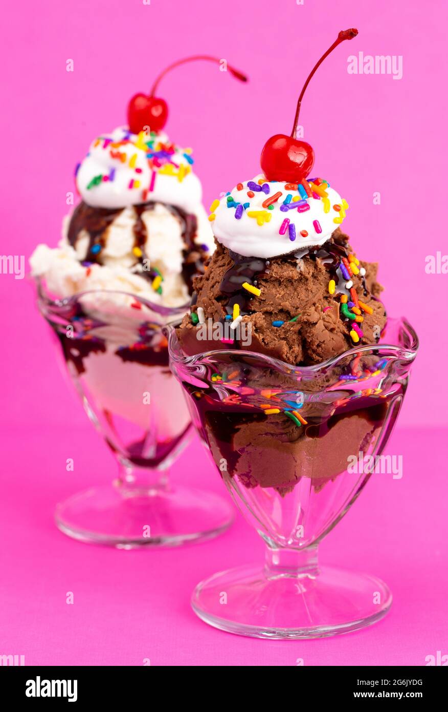 A Chocolate and Vanilla Sundae on a Pink Background Stock Photo - Alamy