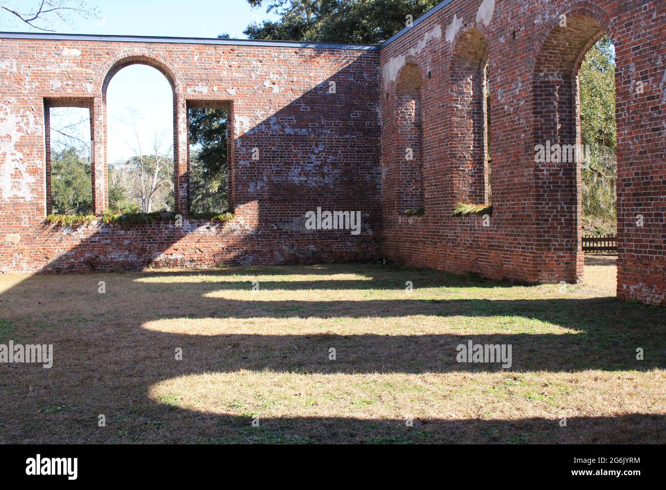 HIstoric Church remains at Brunswick Fort with shadows casting across ...