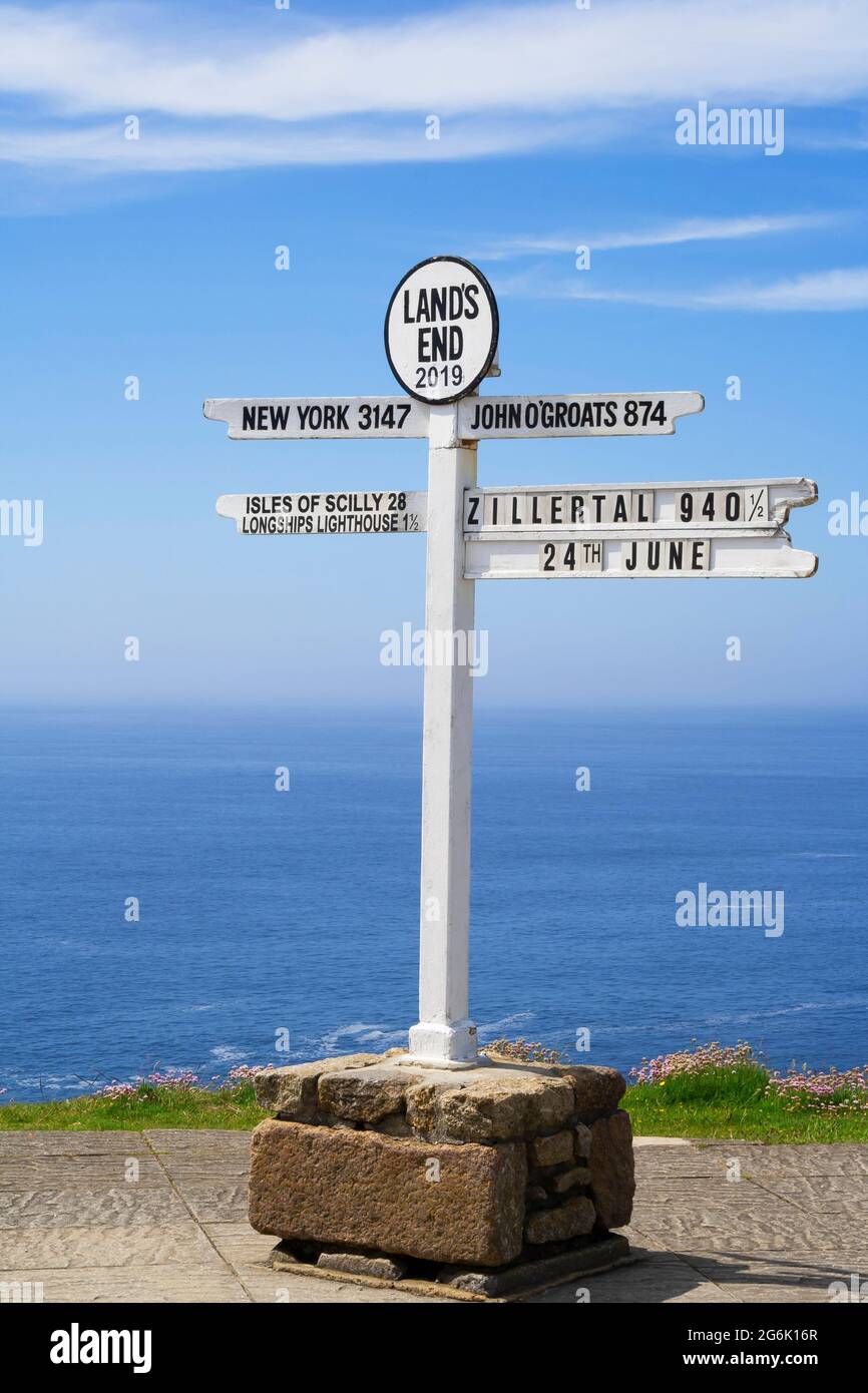 Sign at Land's End in Cornwall, located at the westernmost point of ...