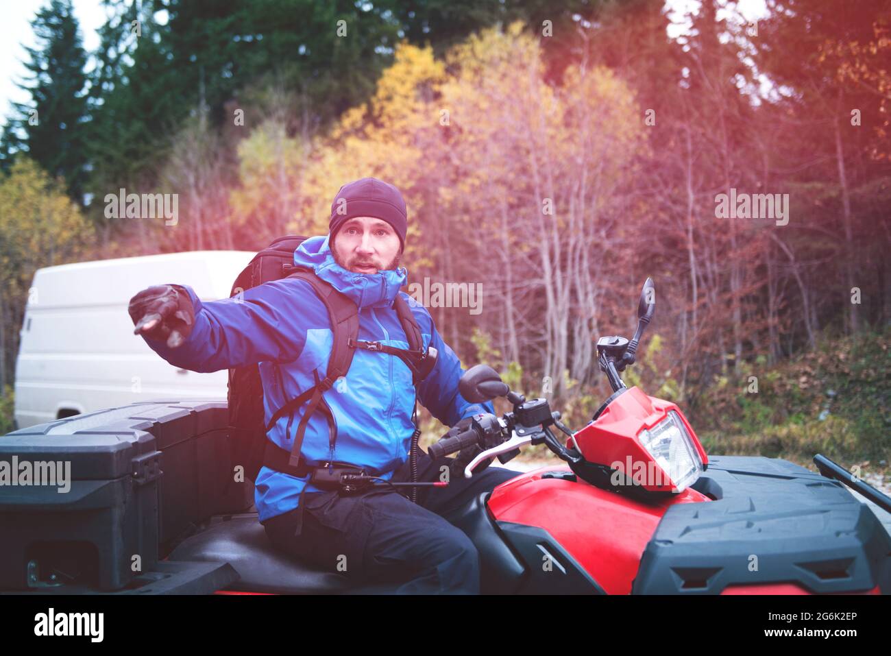 Emergency Man in Protective Uniform on Quad in Forest Searching Missing ...