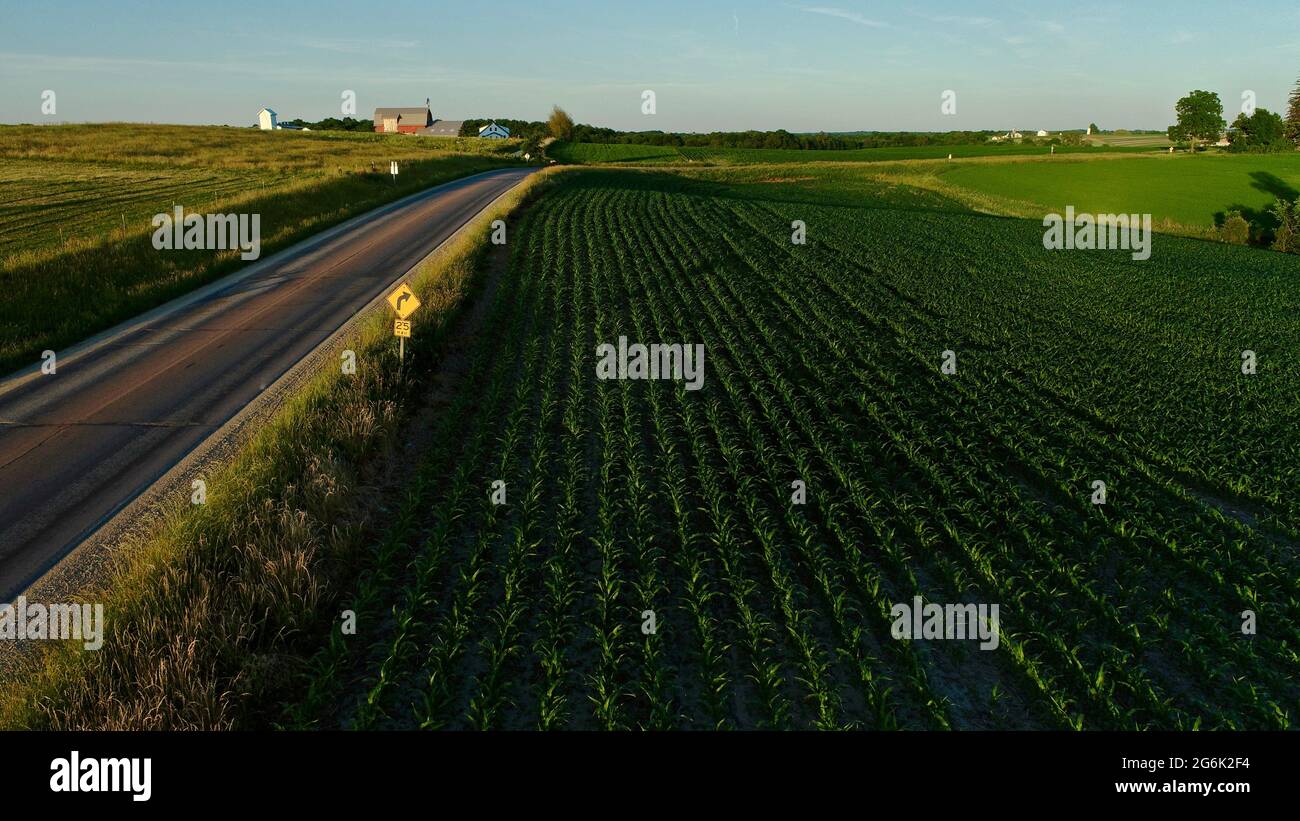 Aerial view of Amish farm and fertile fields of corn, alfalfa hay and ...