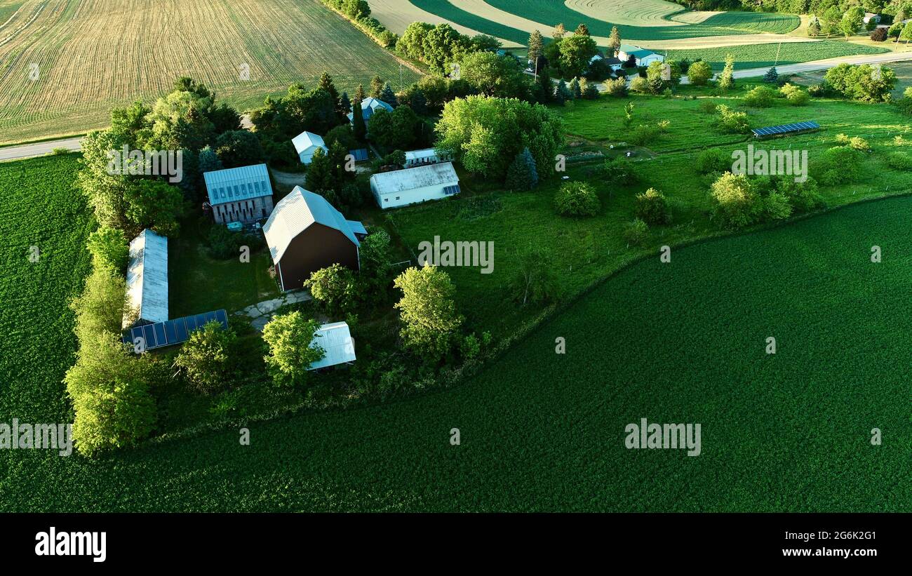 Aerial view, at sunset, of solar powered small organic farm B&B in ...