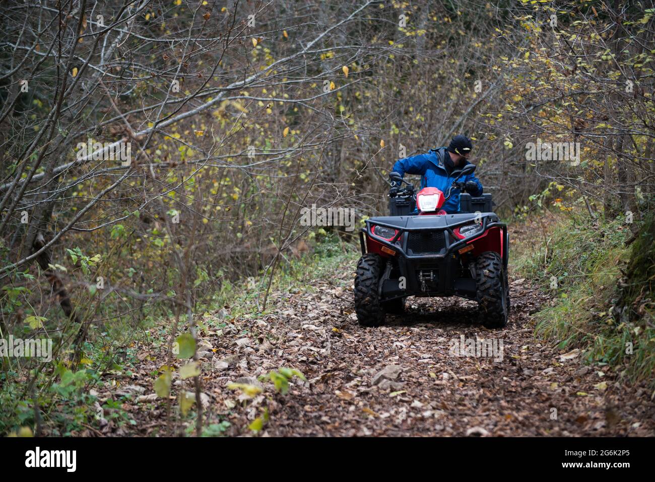Male Rescuer in Protective Uniform on a Quad Bike Observe the Woods to ...