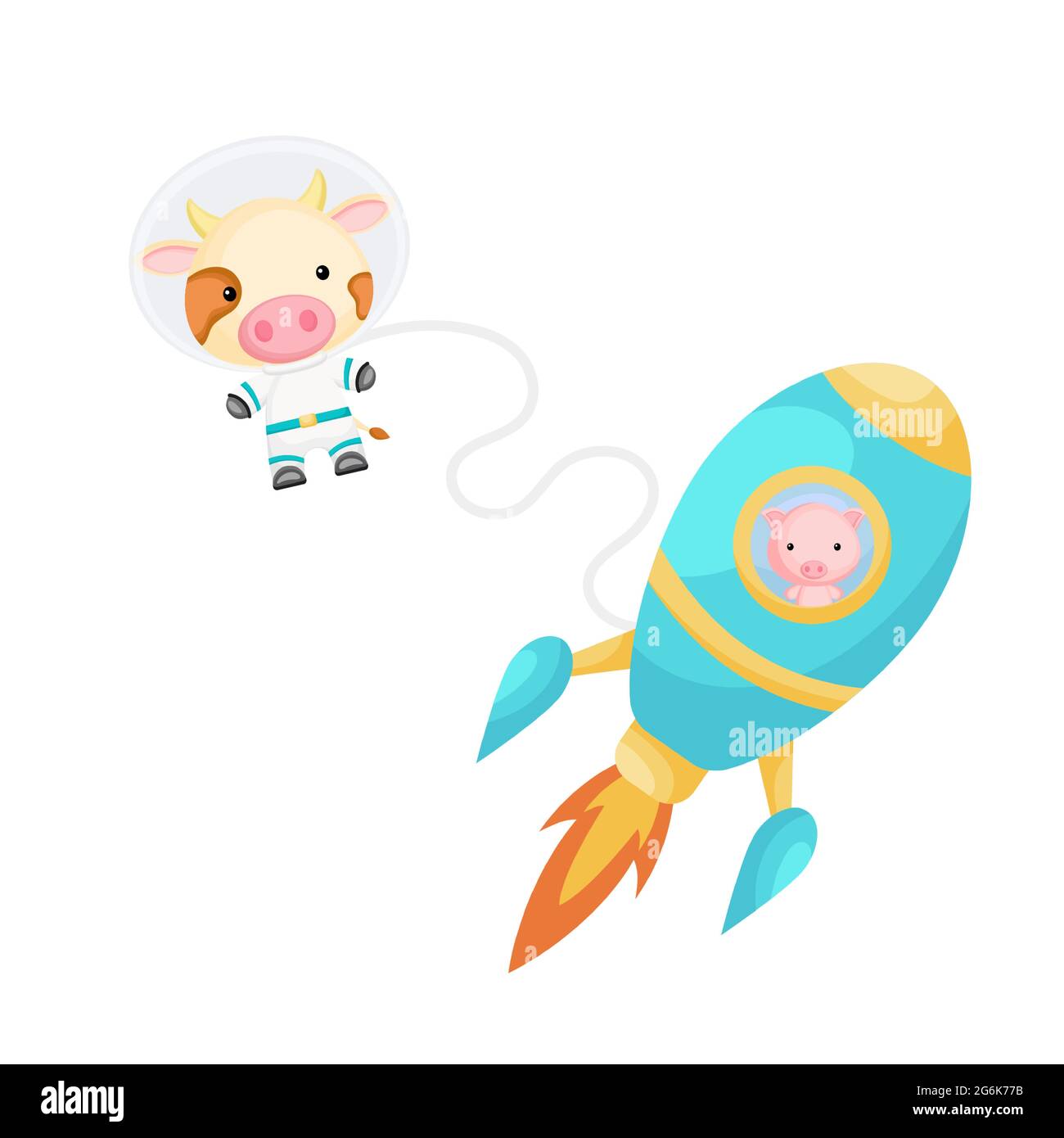 Cute little pig flying in aqua rocket. Cartoon cow character in space ...