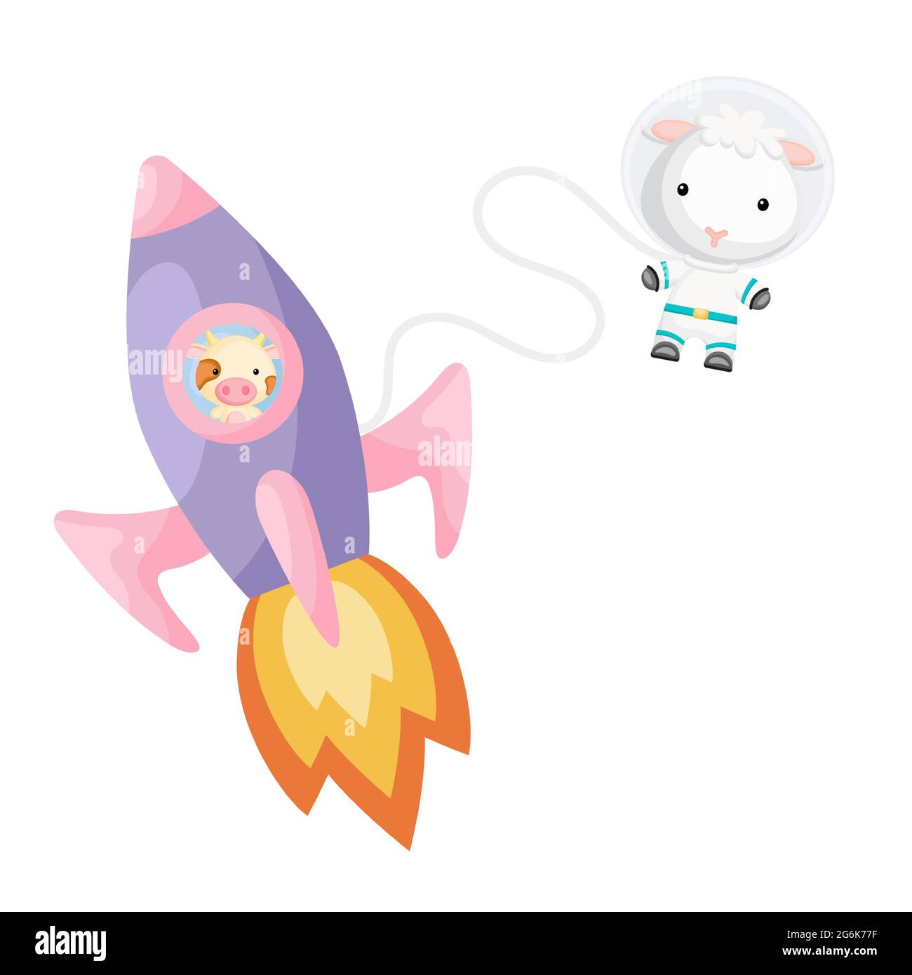 Cute little cow flying in violet rocket. Cartoon sheep character in ...