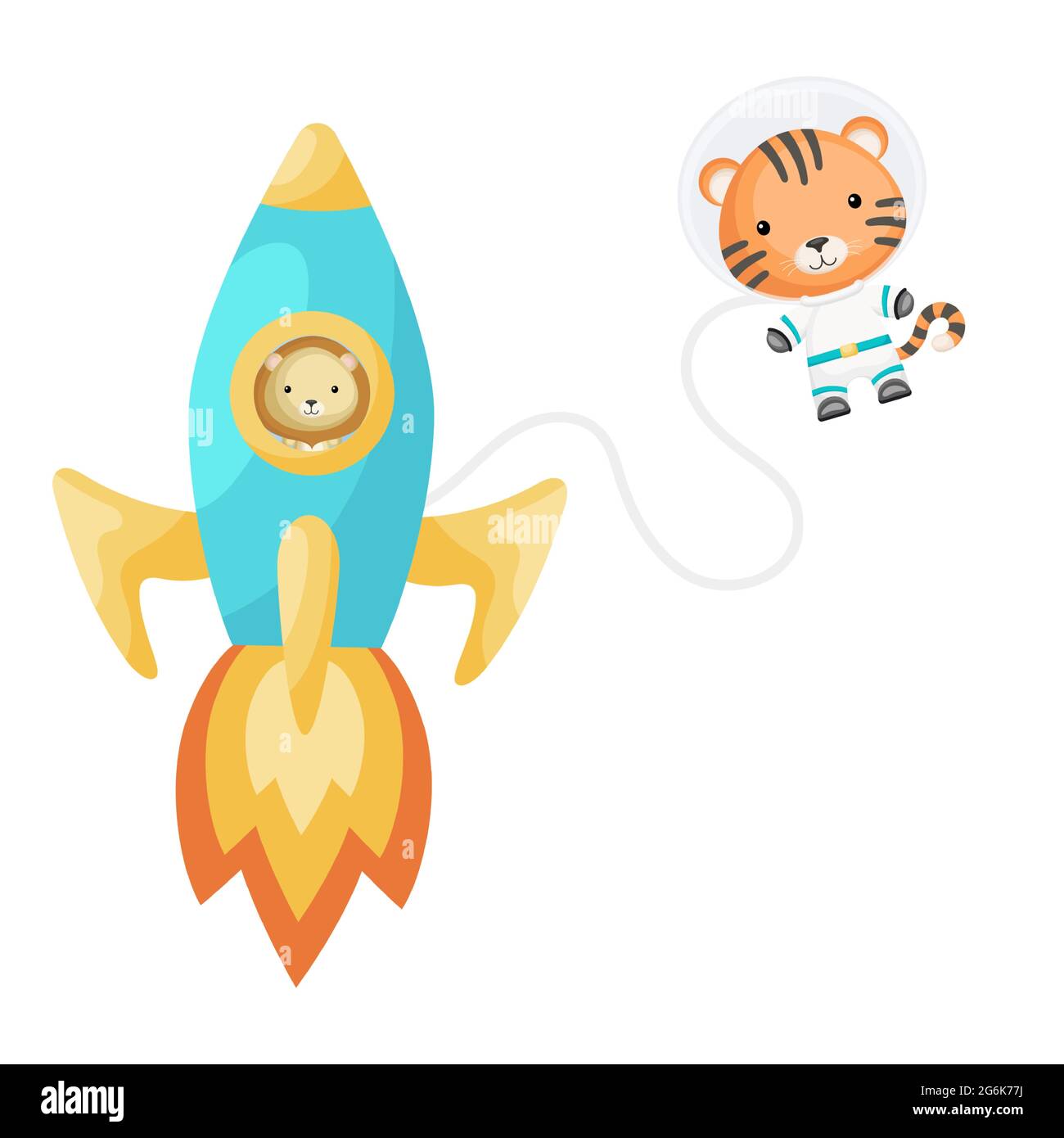 Cute little lion flying in aqua rocket. Cartoon tiger character in ...