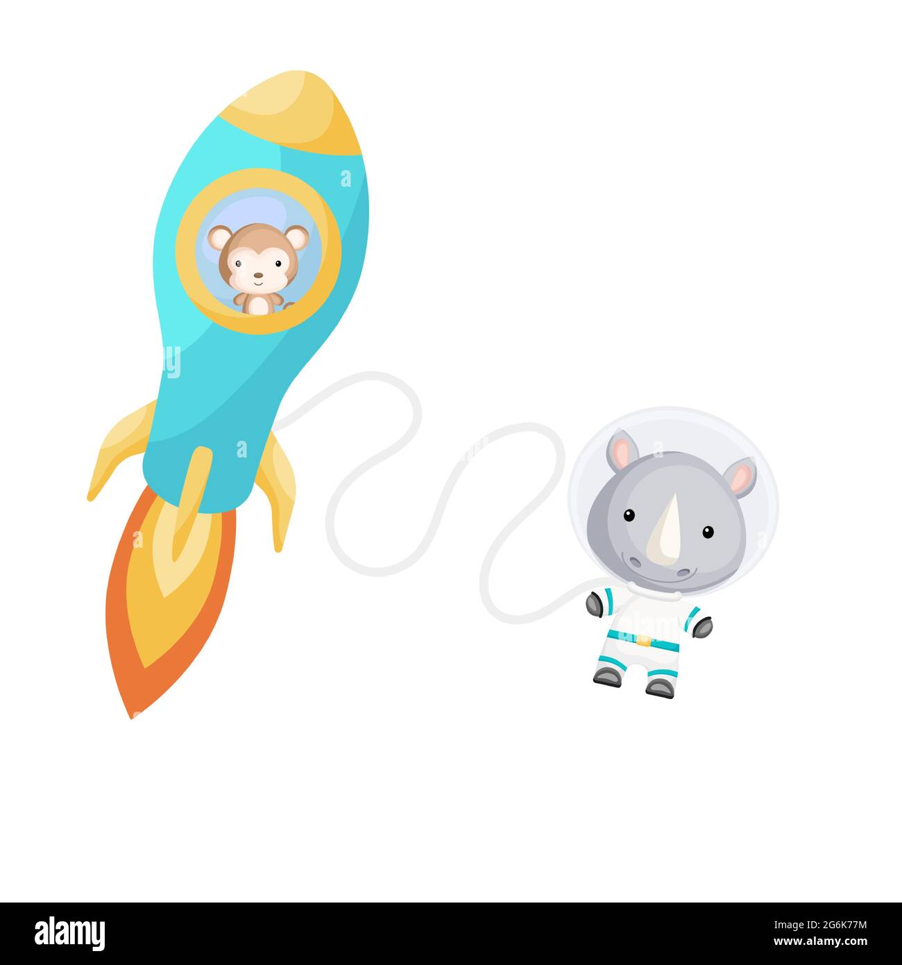 Cute little monkey flying in aqua rocket. Cartoon rhino character in ...