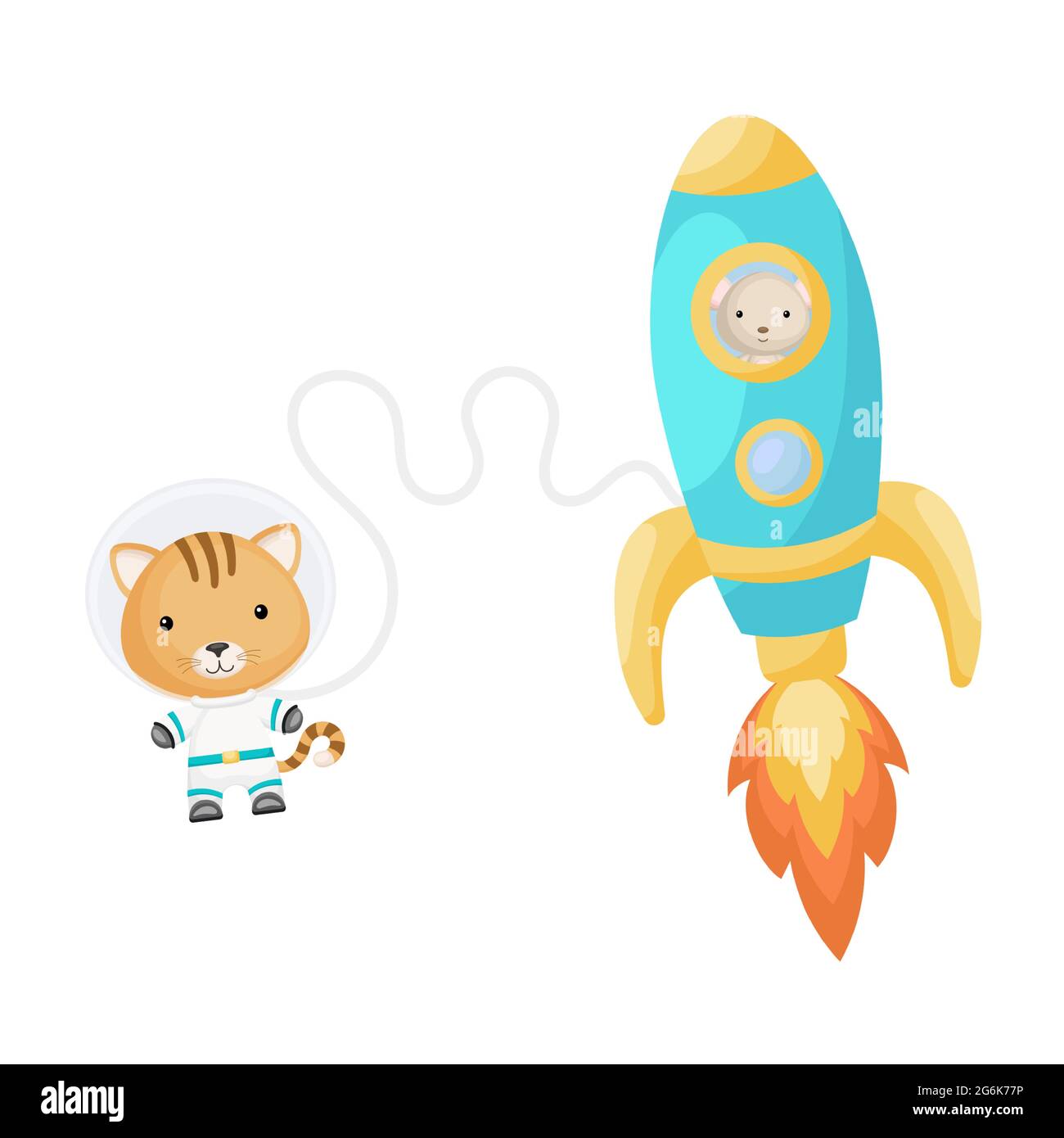 Cute little mouse flying in aqua rocket. Cartoon cat character in space ...