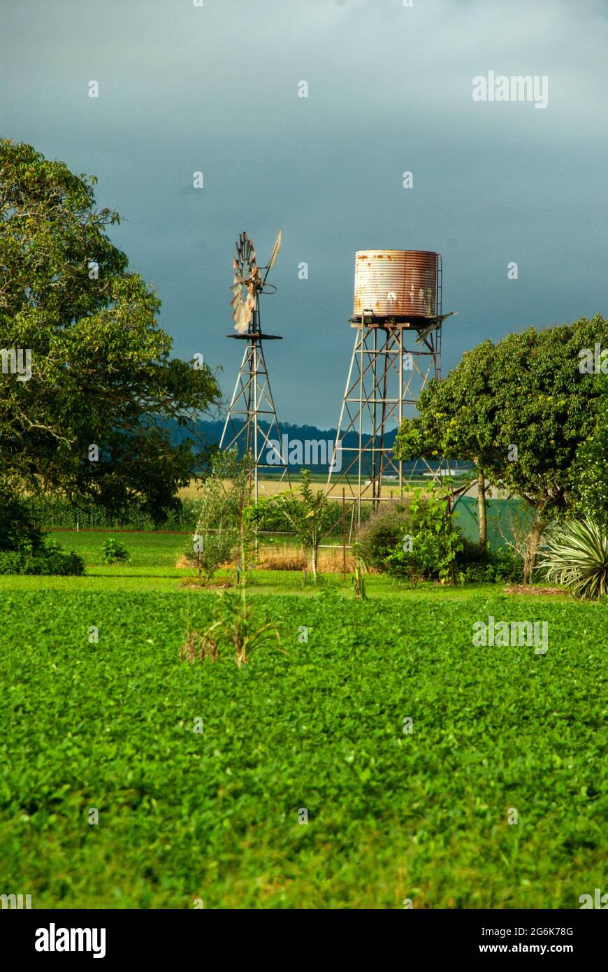 Windmill, Water Tank and old Shed on farm land Stock Photo - Alamy