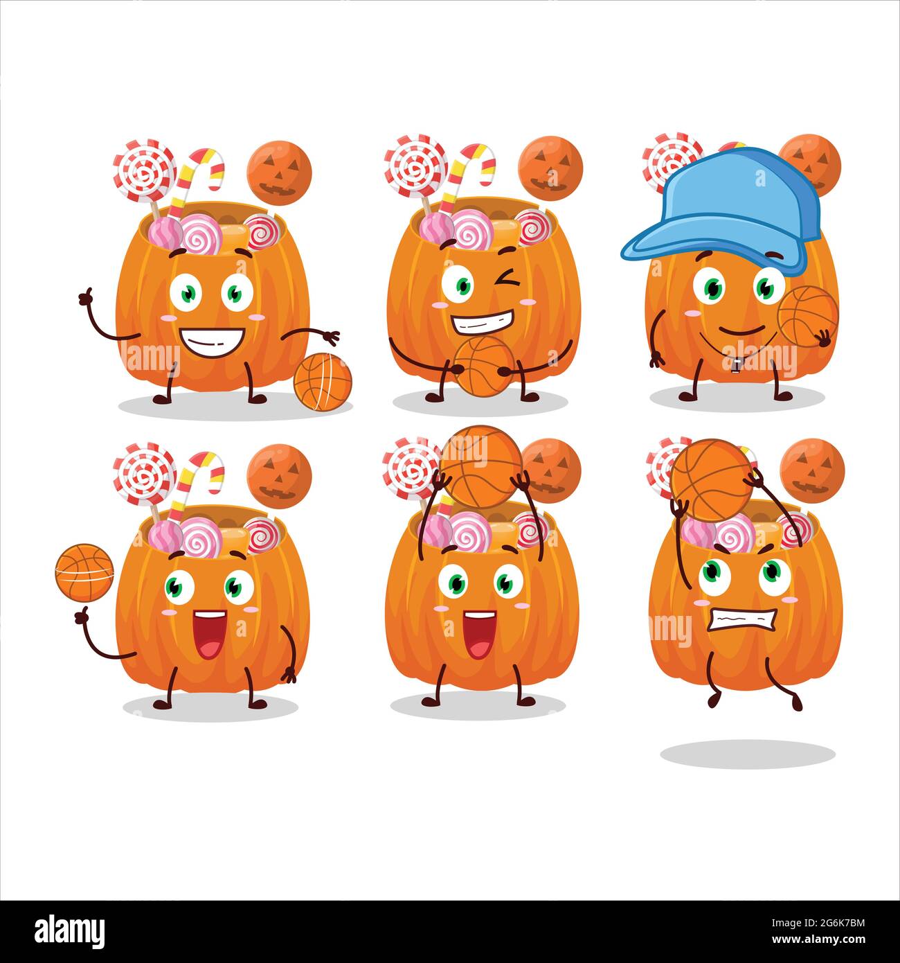 Talented pumpkin bucket with candy cartoon character as a basketball ...