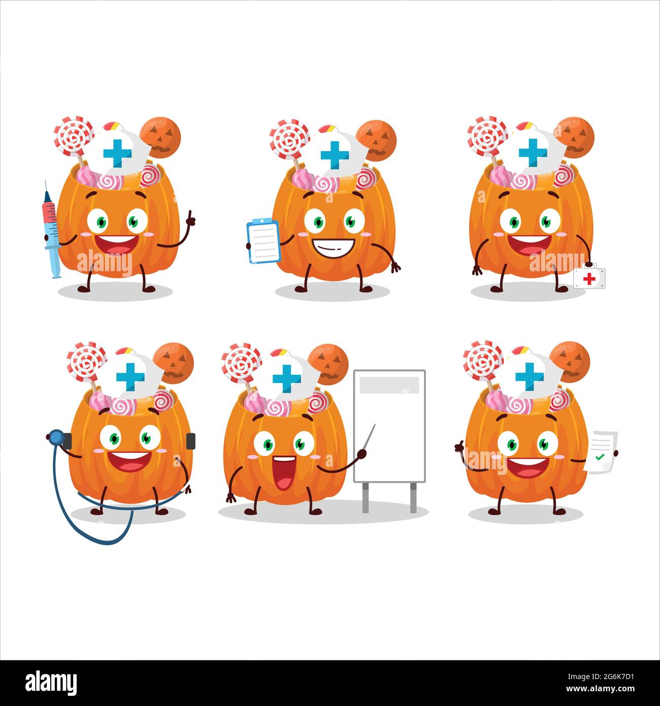 Doctor profession emoticon with pumpkin bucket with candy cartoon ...
