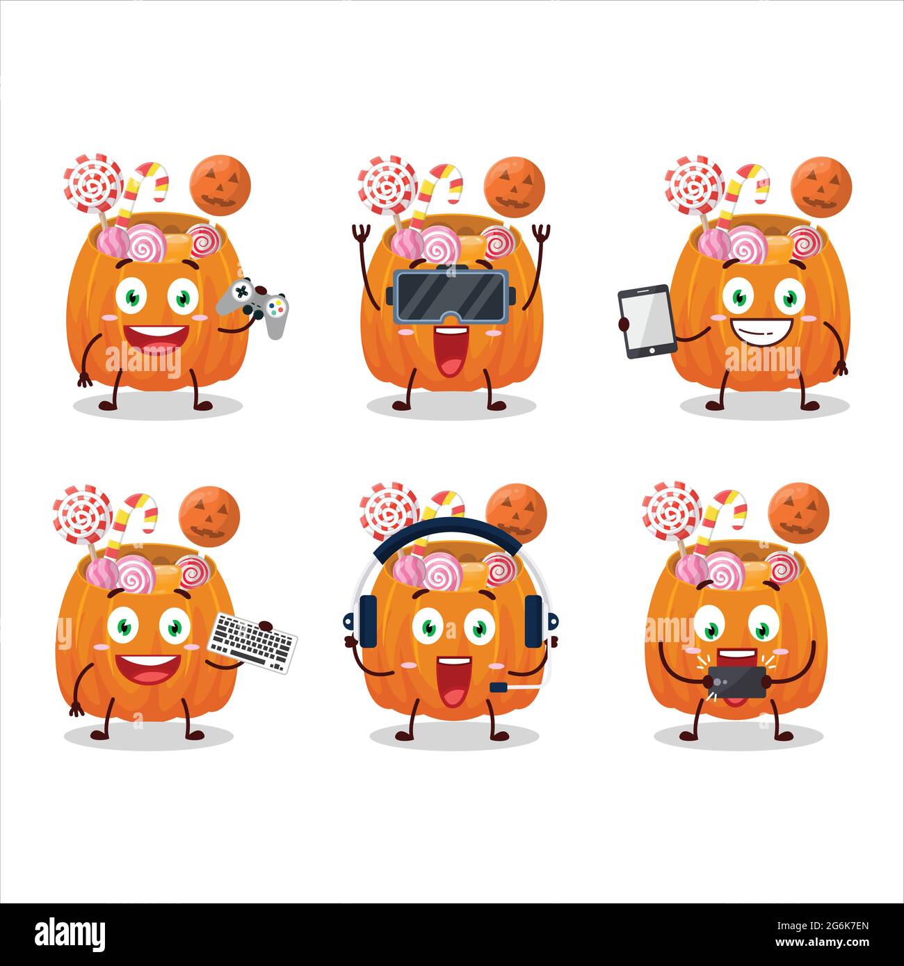 Pumpkin bucket with candy cartoon character are playing games with ...