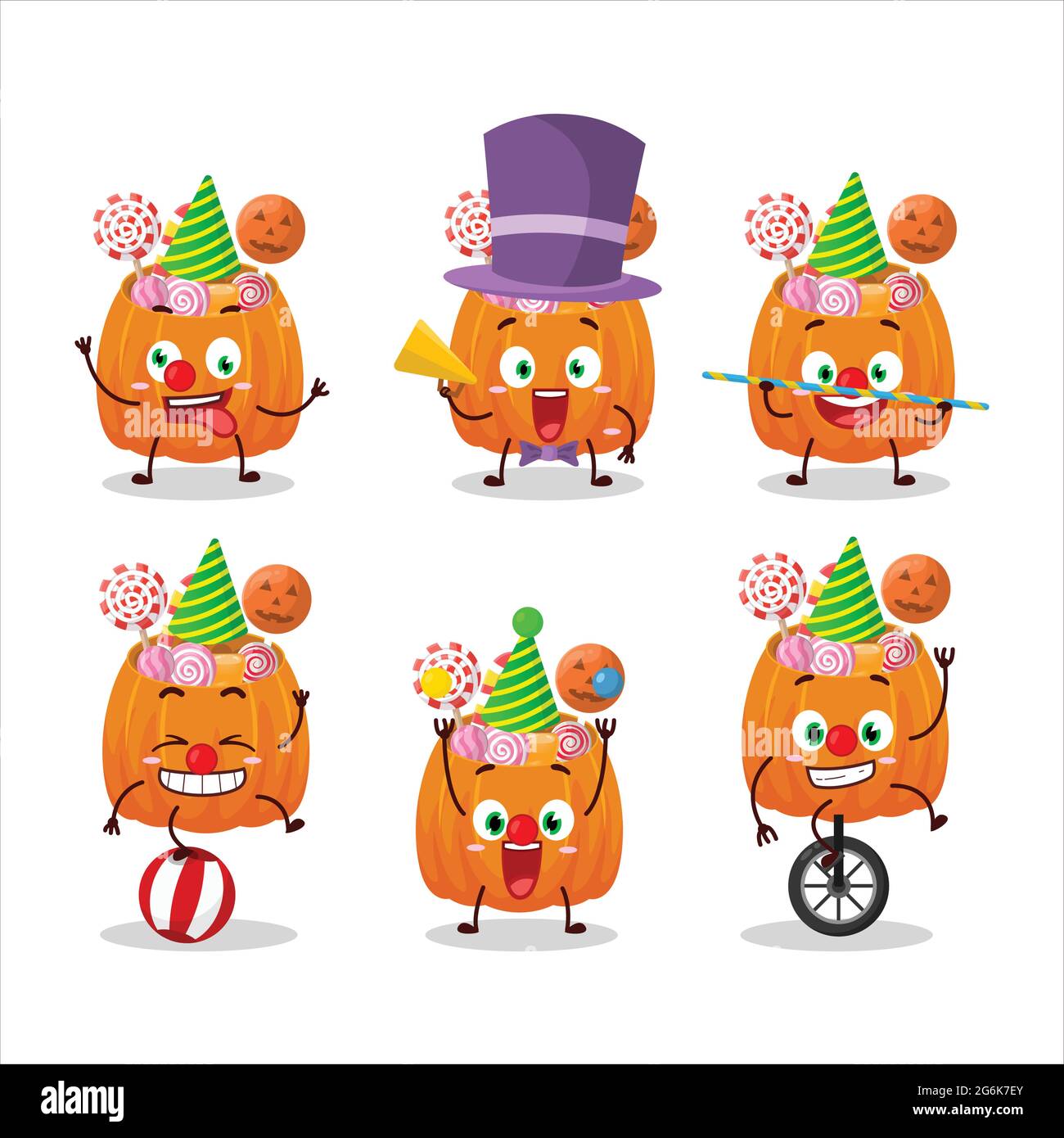 Cartoon character of pumpkin bucket with candy with various circus ...
