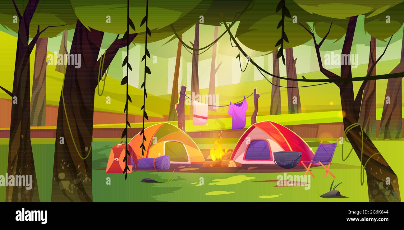 Summer camp on forest glade with tent and campfire. Vector cartoon ...