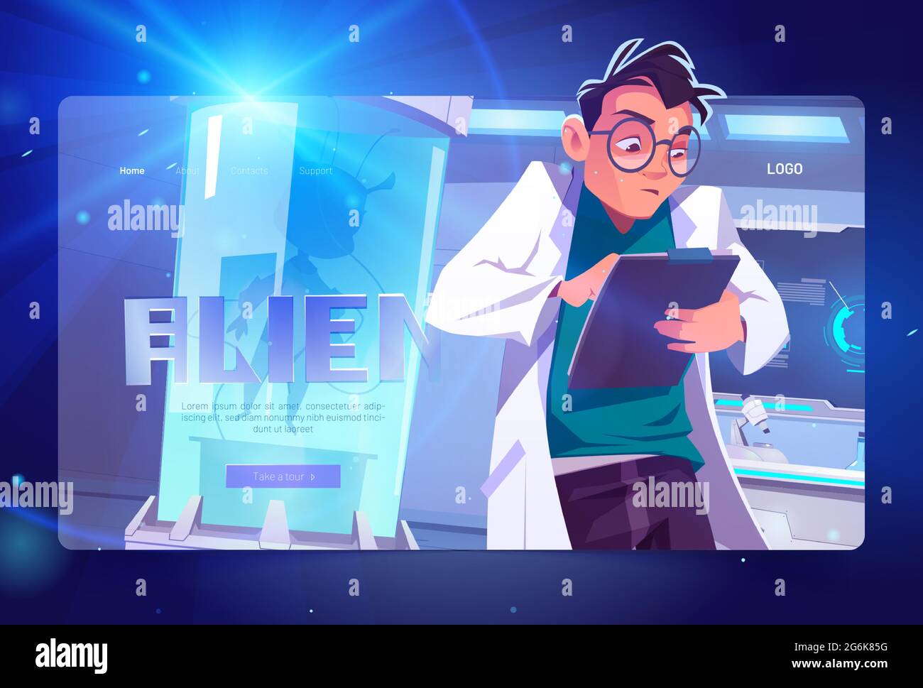 Alien in cryonics capsule cartoon landing page. Futuristic ...