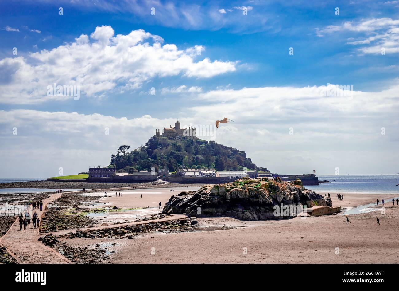 View of the island with the castle on the hill. St Michael's Mount is a ...