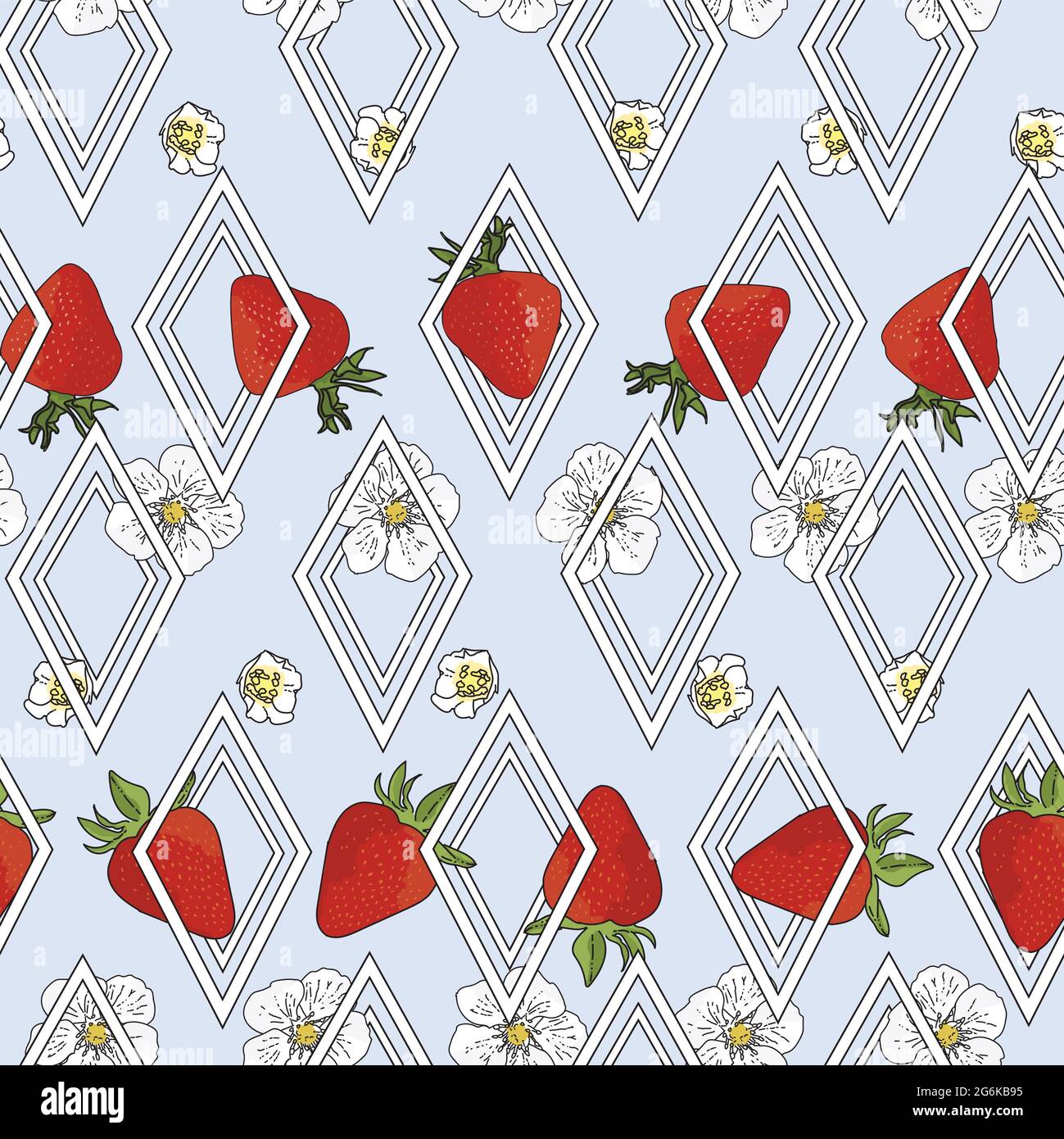 Vector pastel blue background garden strawberries, berry flowers ...