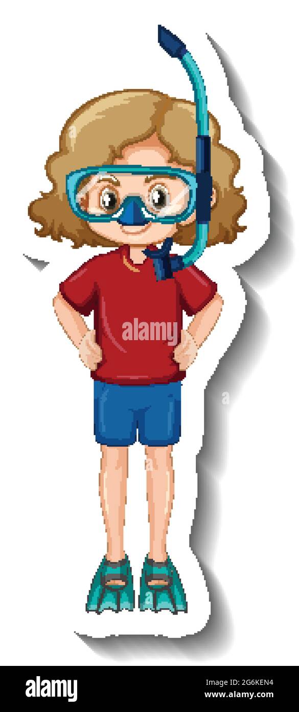 A girl wearing snorkel mask cartoon character sticker illustration ...