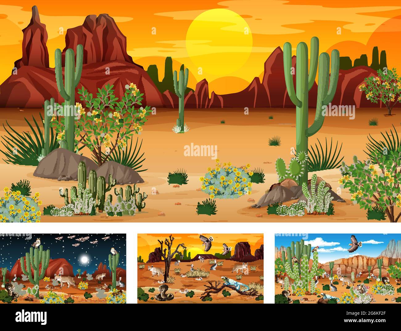 Different scenes with desert forest landscape with animals and plants ...