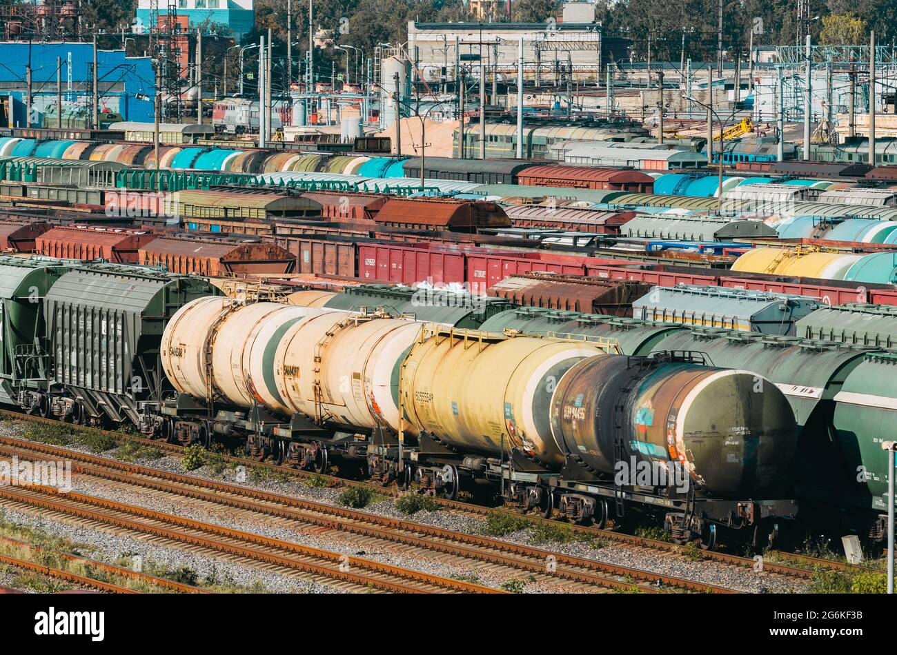 Cargo train cars wagons platform with container Stock Photo - Alamy