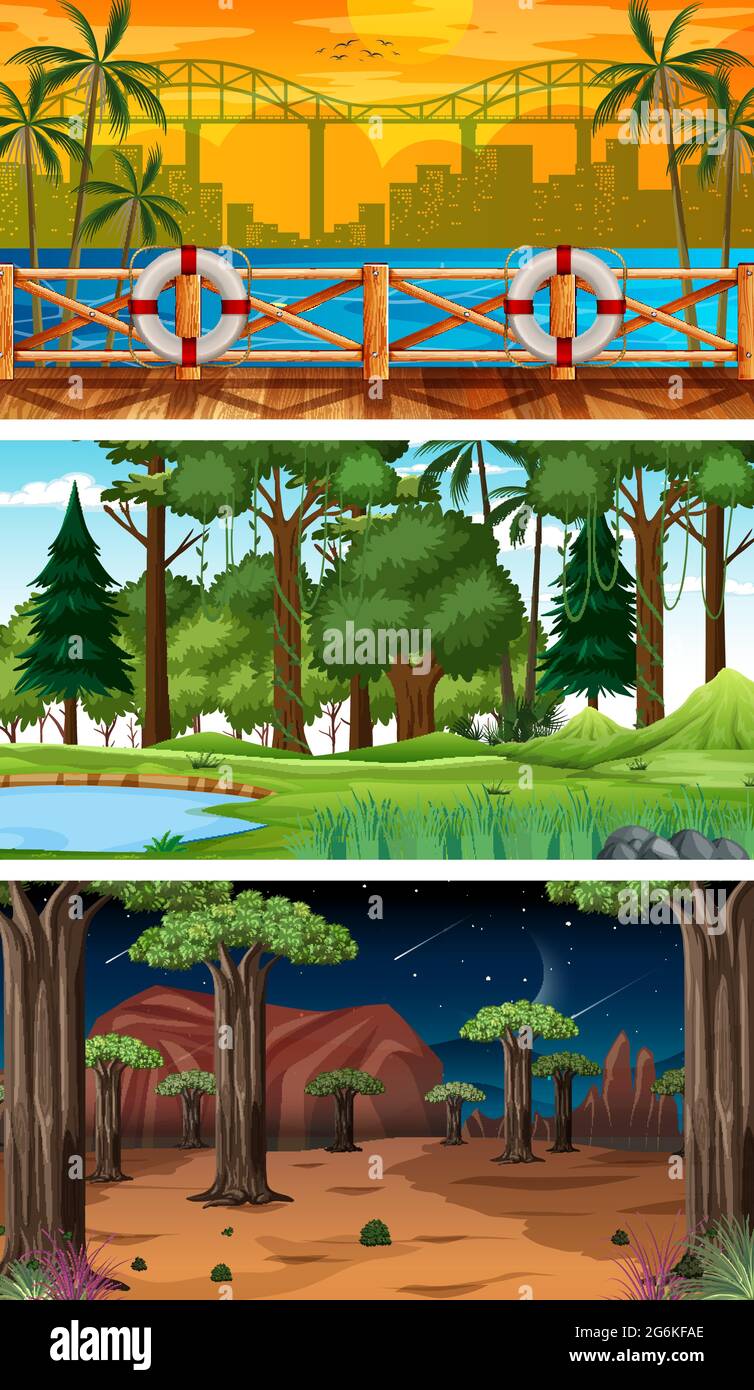 Set of different forest horizontal scenes in different times ...
