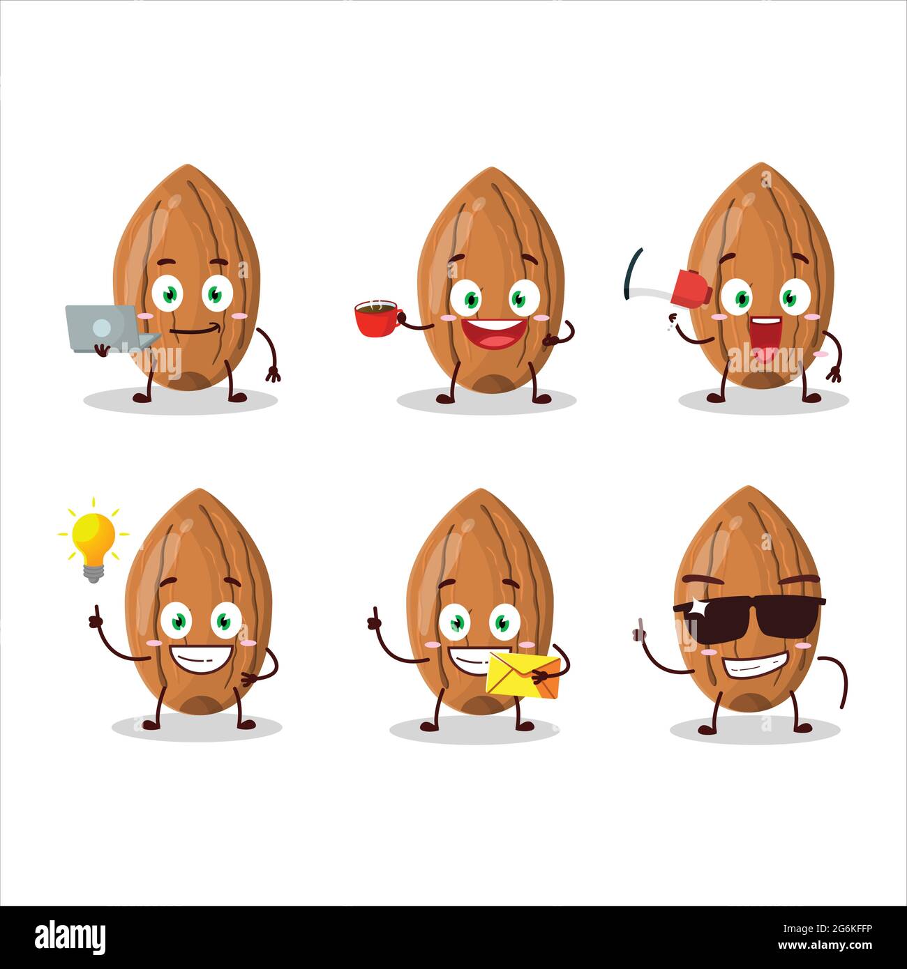 Almond cartoon character with various types of business emoticons ...