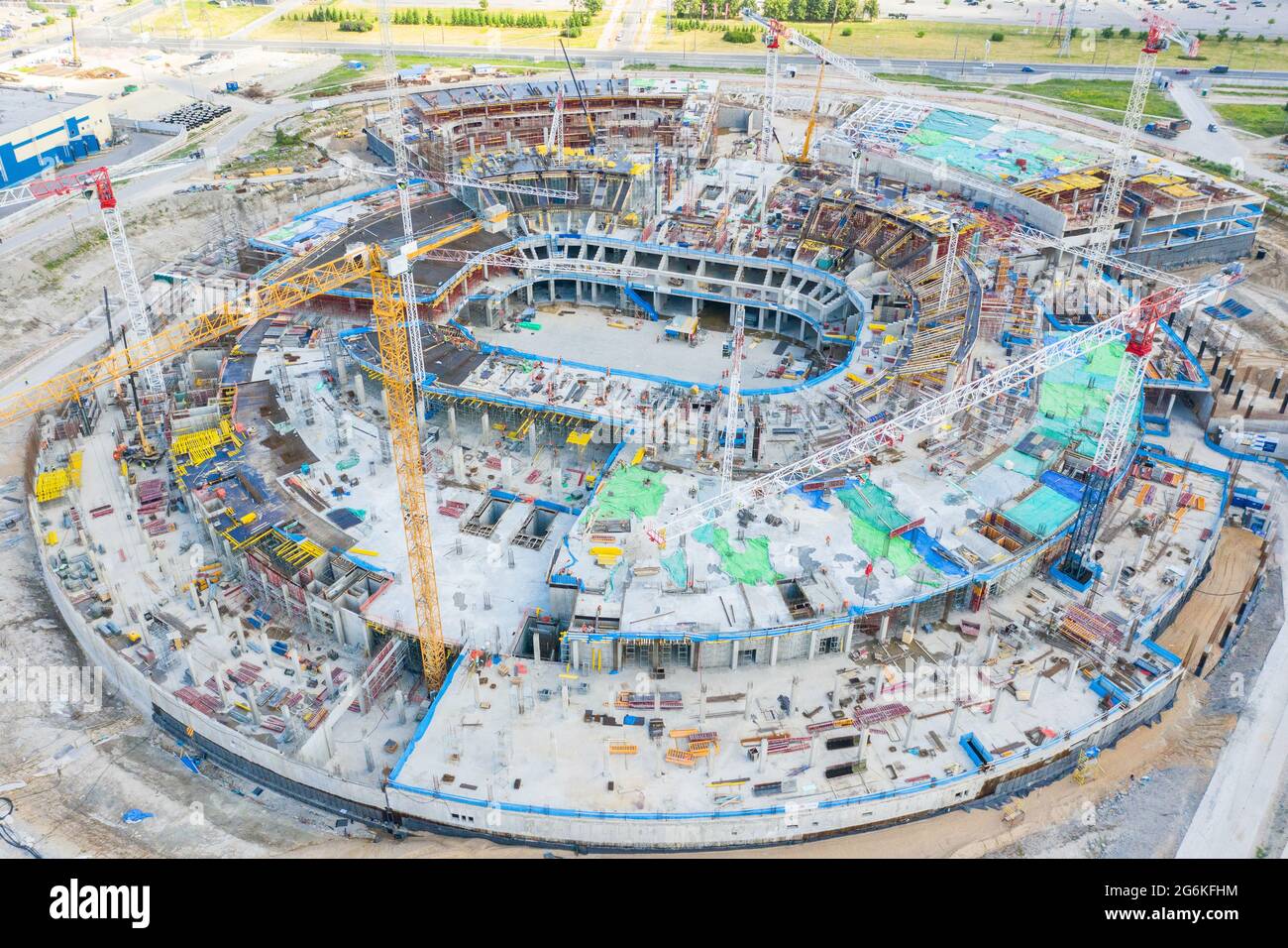 Building site of the arena stadium, aerial top view Stock Photo - Alamy