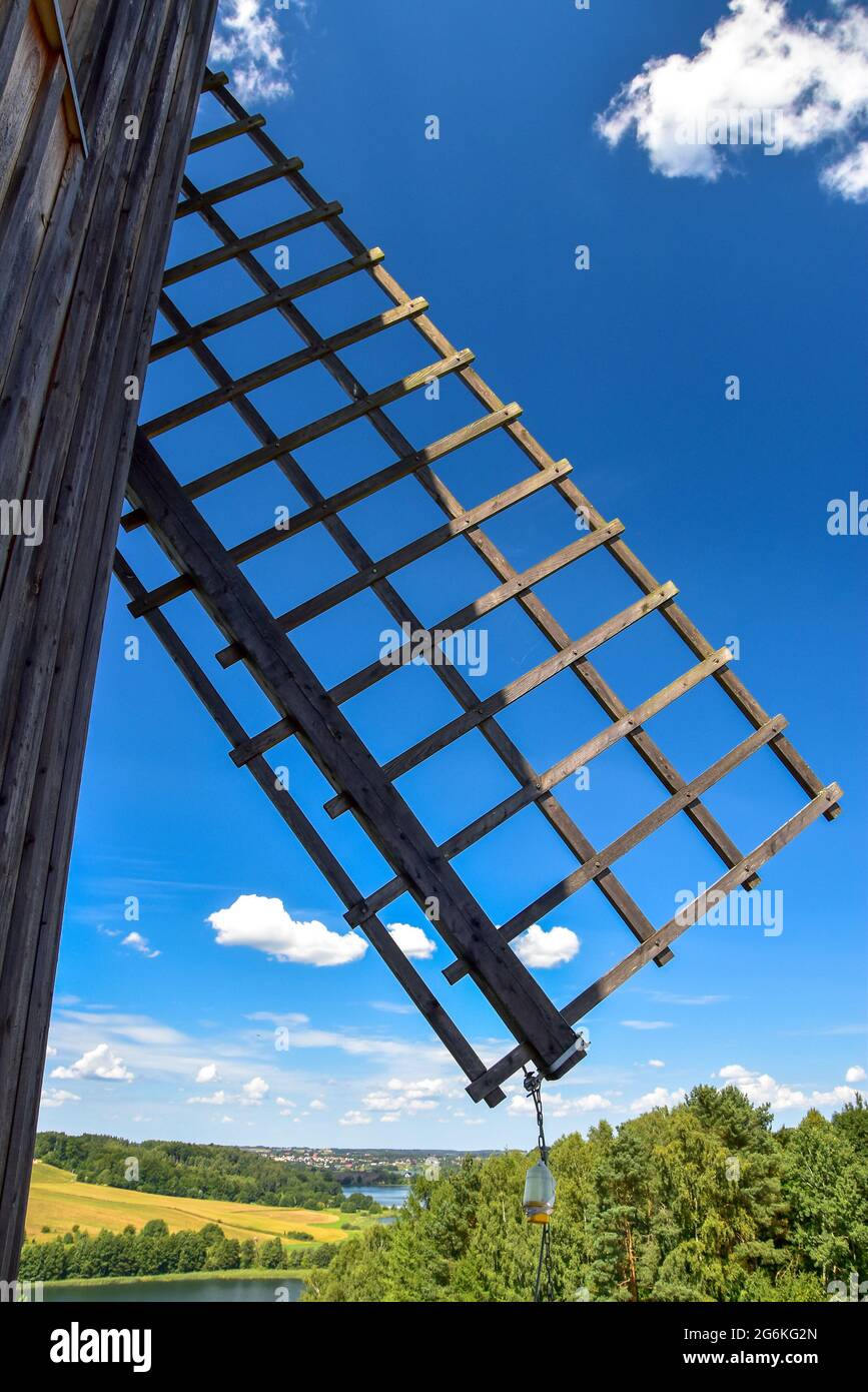 Wooden windmill wing, beautiful lake landscape in the background Stock ...