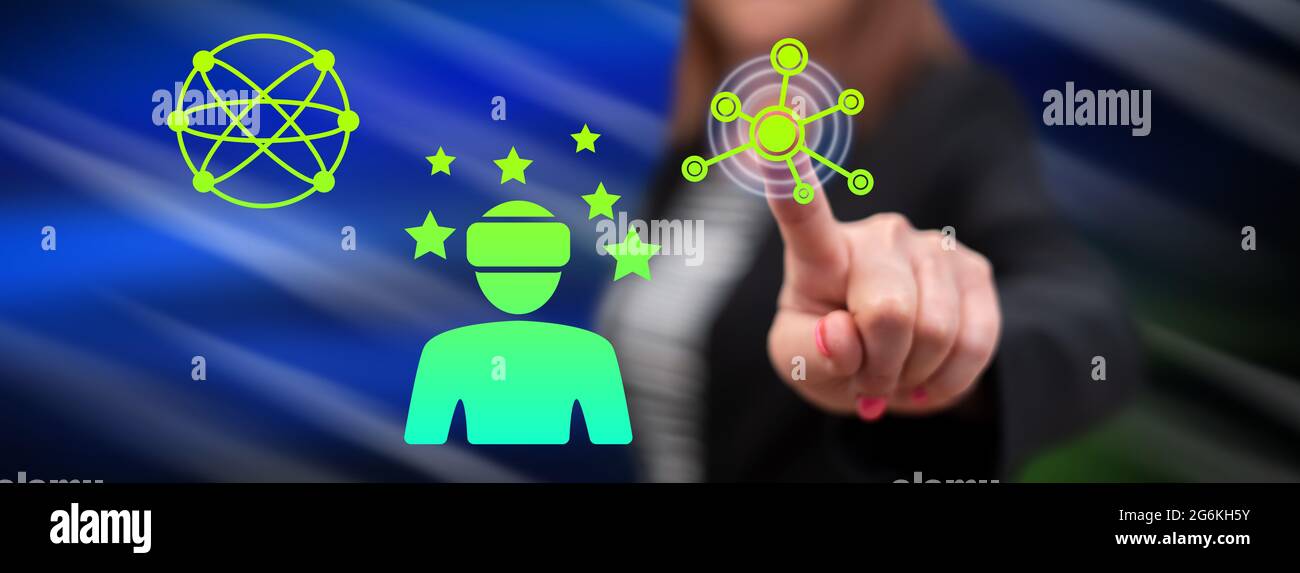 Woman touching a virtual reality concept on a touch screen with her ...