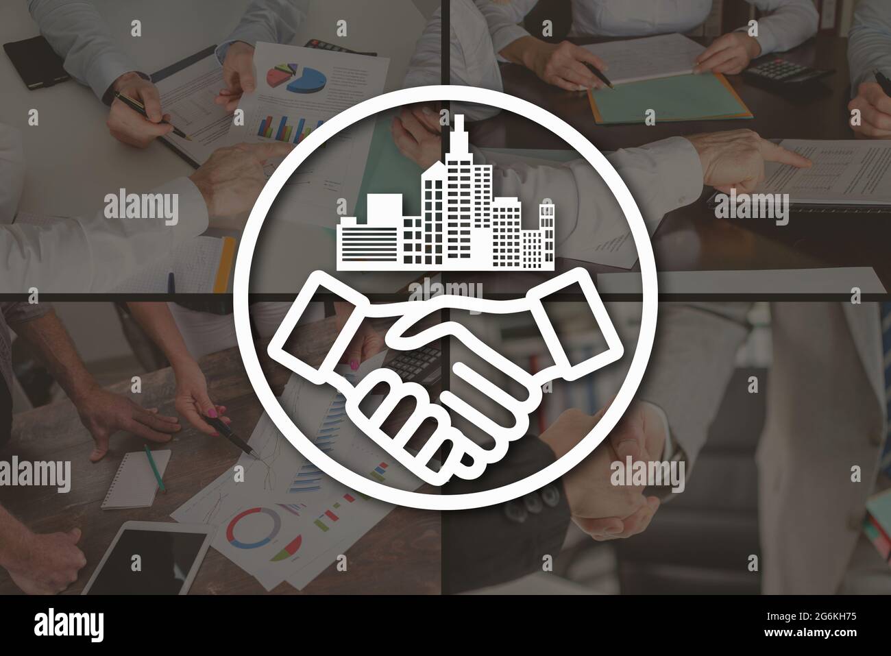 Business relationship concept illustrated by pictures on background ...