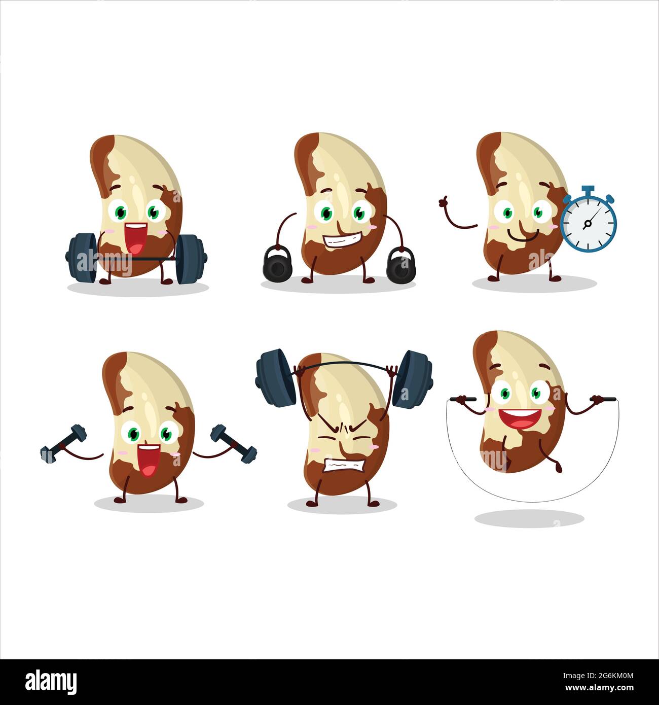 A healthy brazil nuts cartoon style trying some tools on Fitness center ...