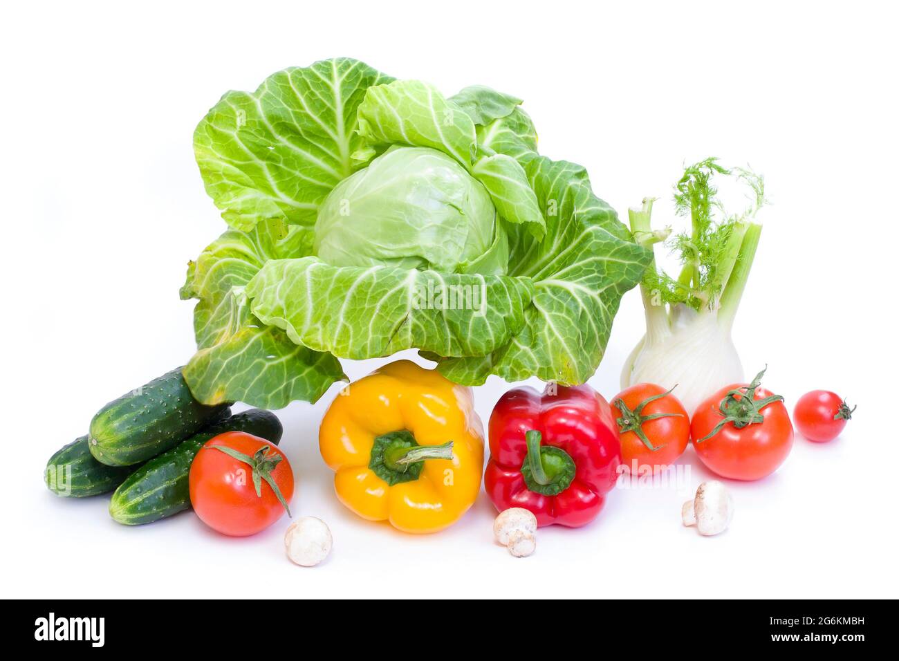 Green cabbage. Red and yellow pepper. Red tomatoes. Composition from ...