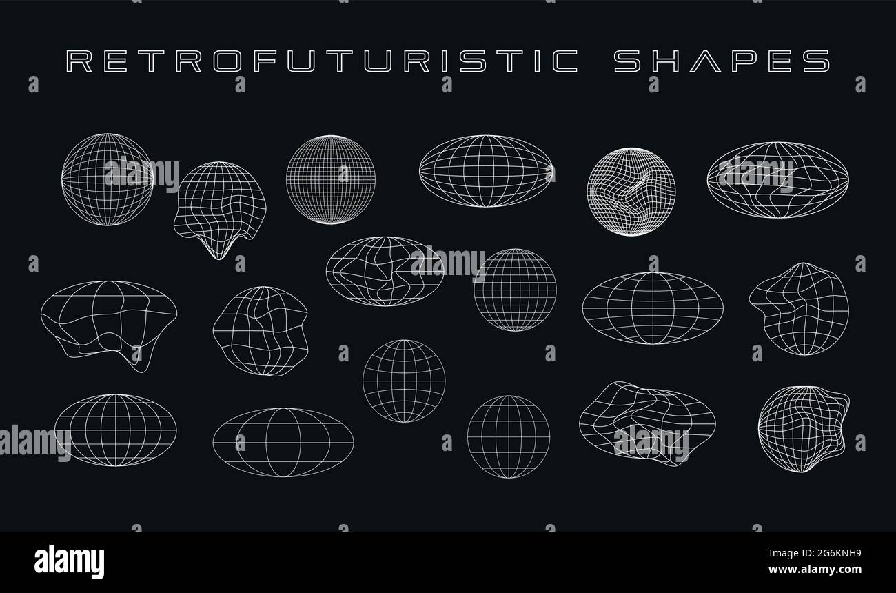 Retrofuturistic collection of cyber shapes. Set of cyberpunk planet ...