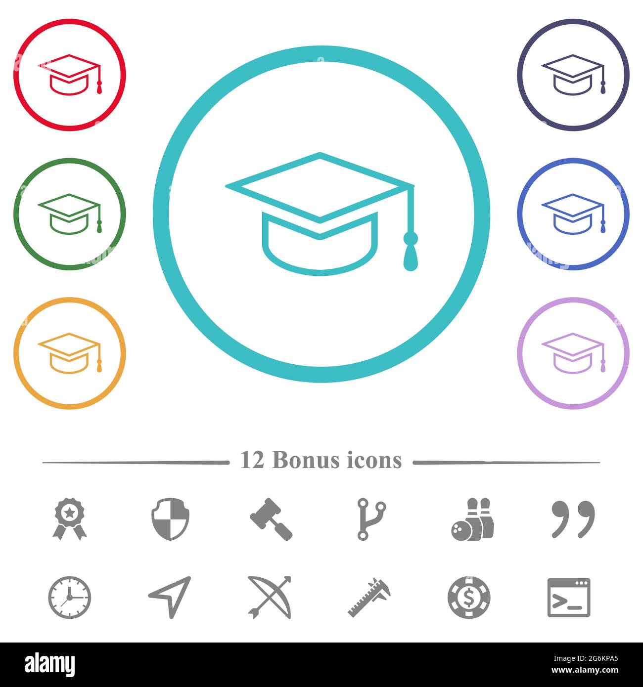 Graduation cap flat color icons in circle shape outlines. 12 bonus ...
