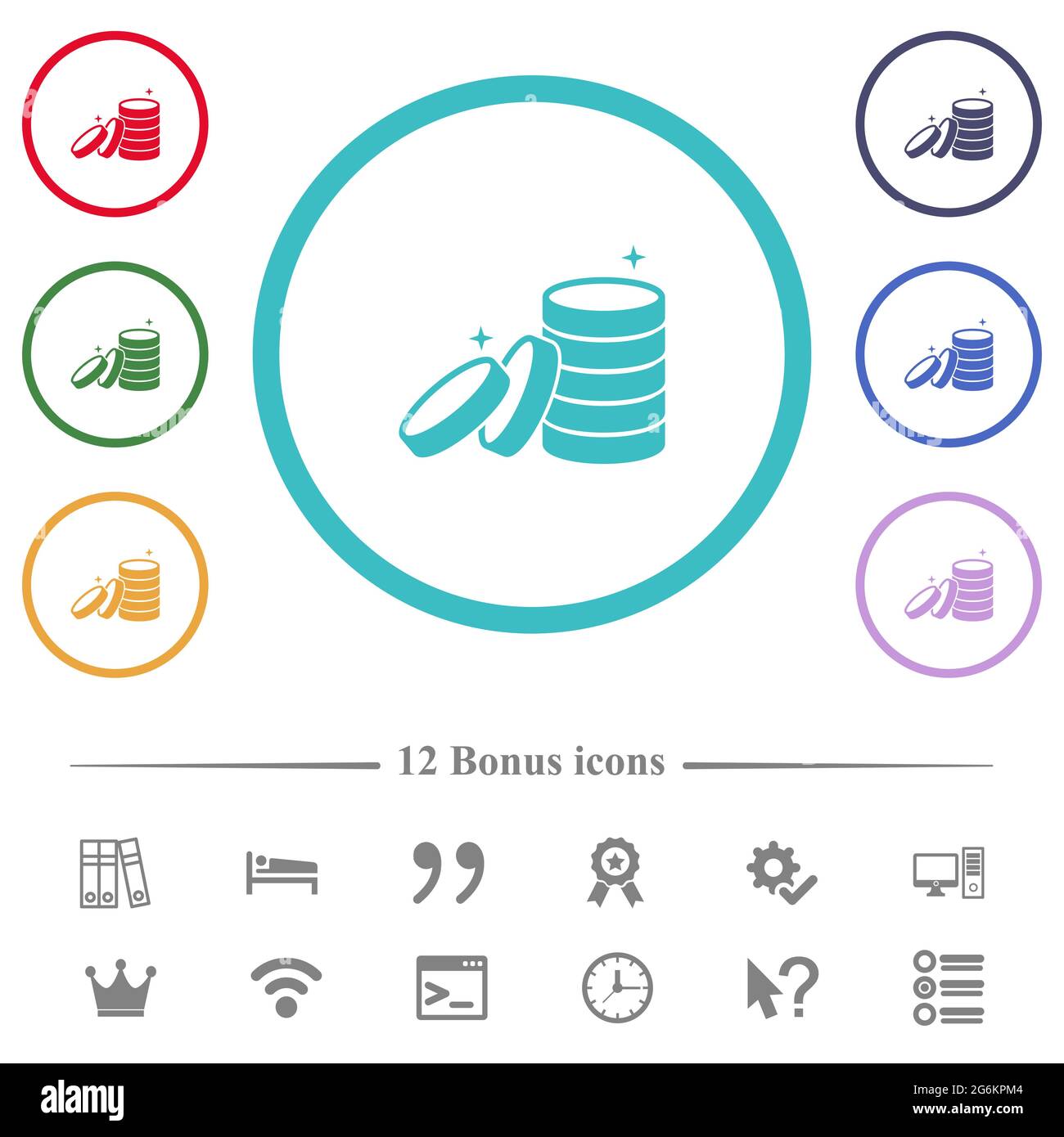 Stack of treasure flat color icons in circle shape outlines. 12 bonus ...