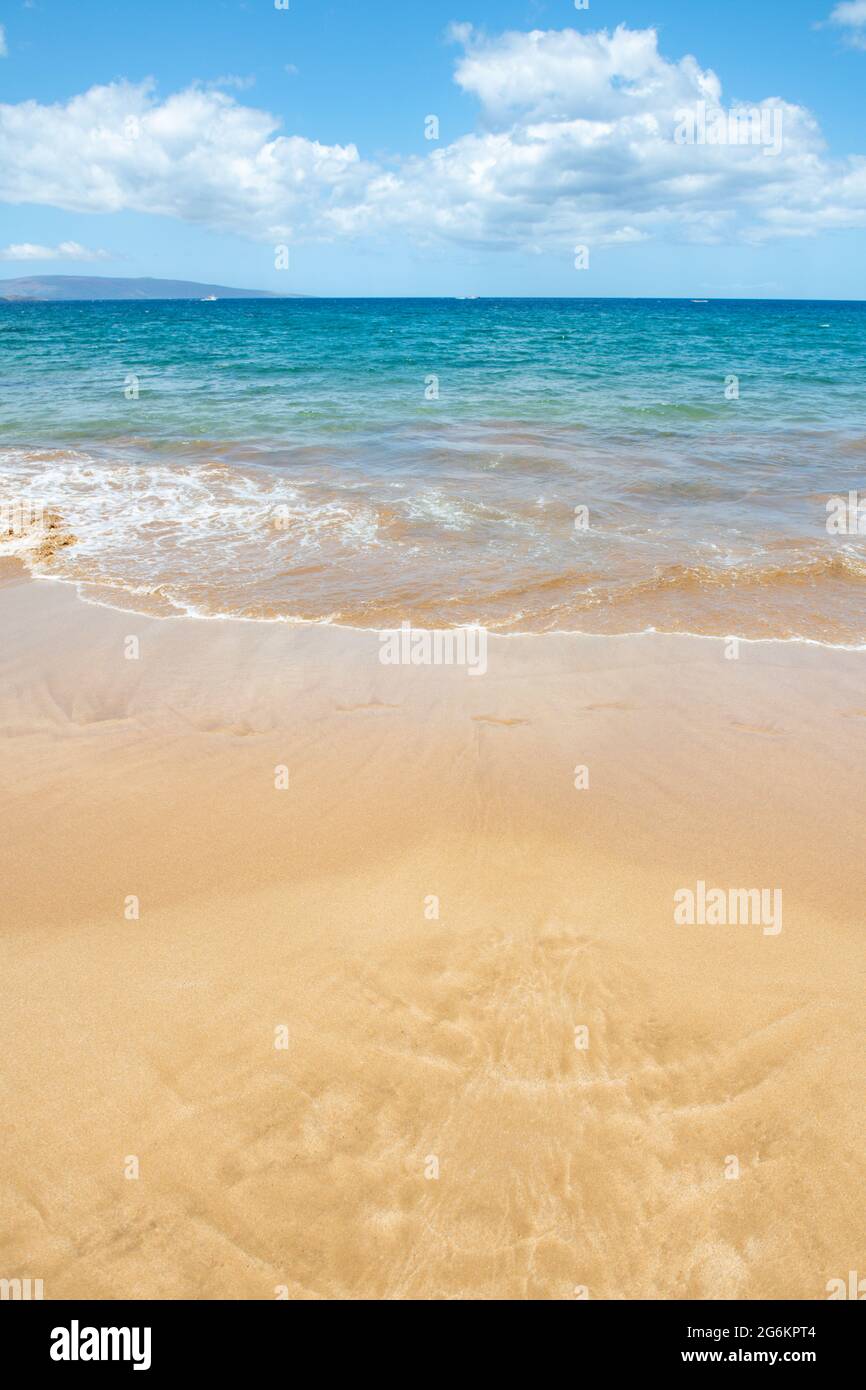 Beach background. Calm beautiful ocean wave on sandy beach. Sea view ...