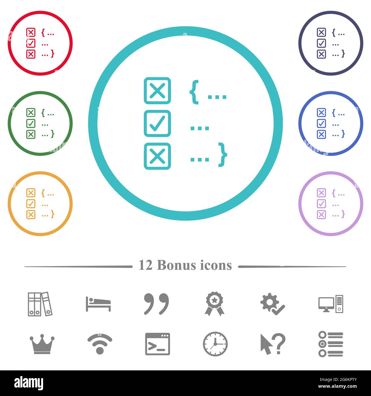 Source code checking flat color icons in circle shape outlines. 12 bonus icons included Stock ...