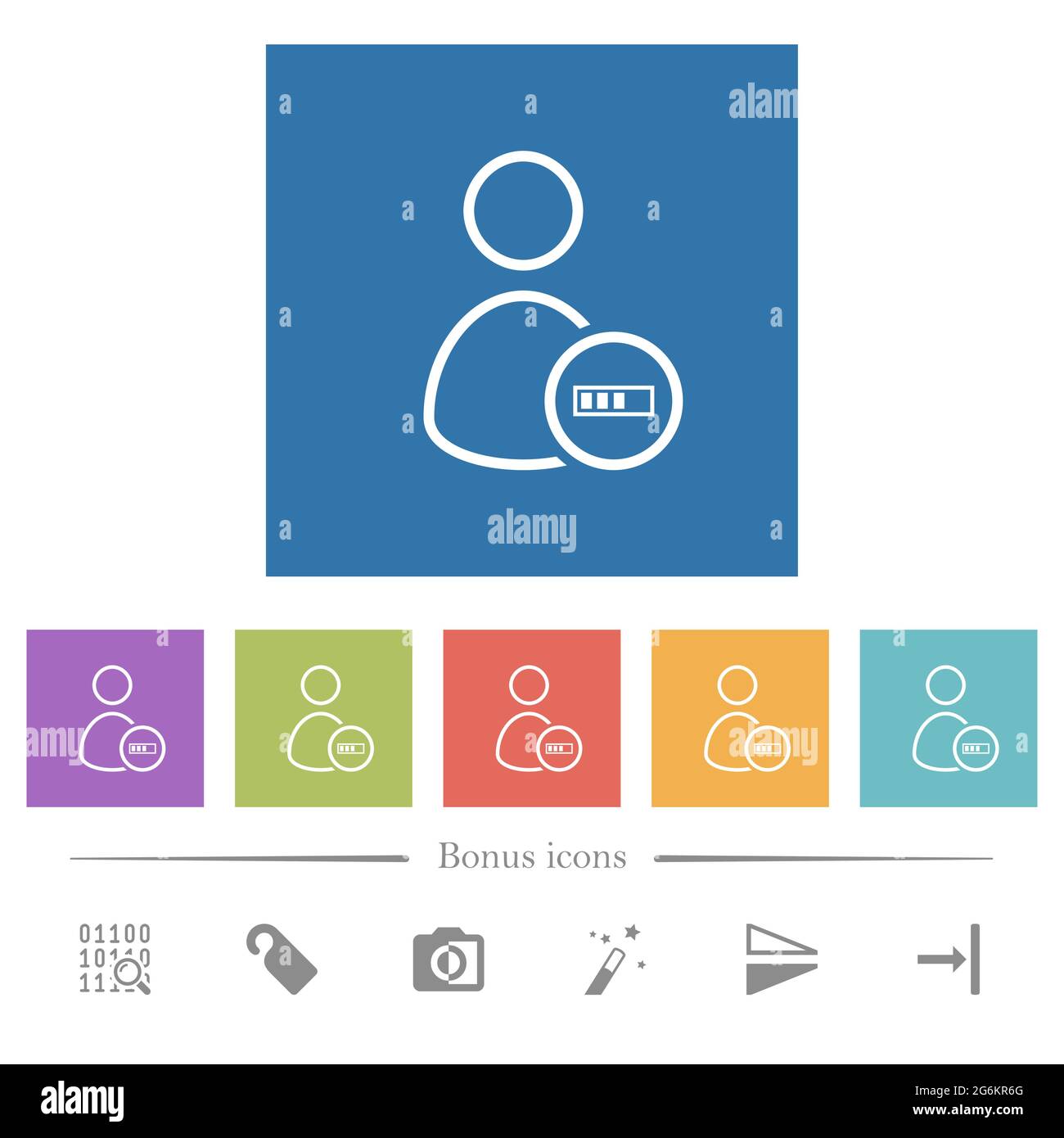 User processing outline flat white icons in square backgrounds. 6 bonus ...