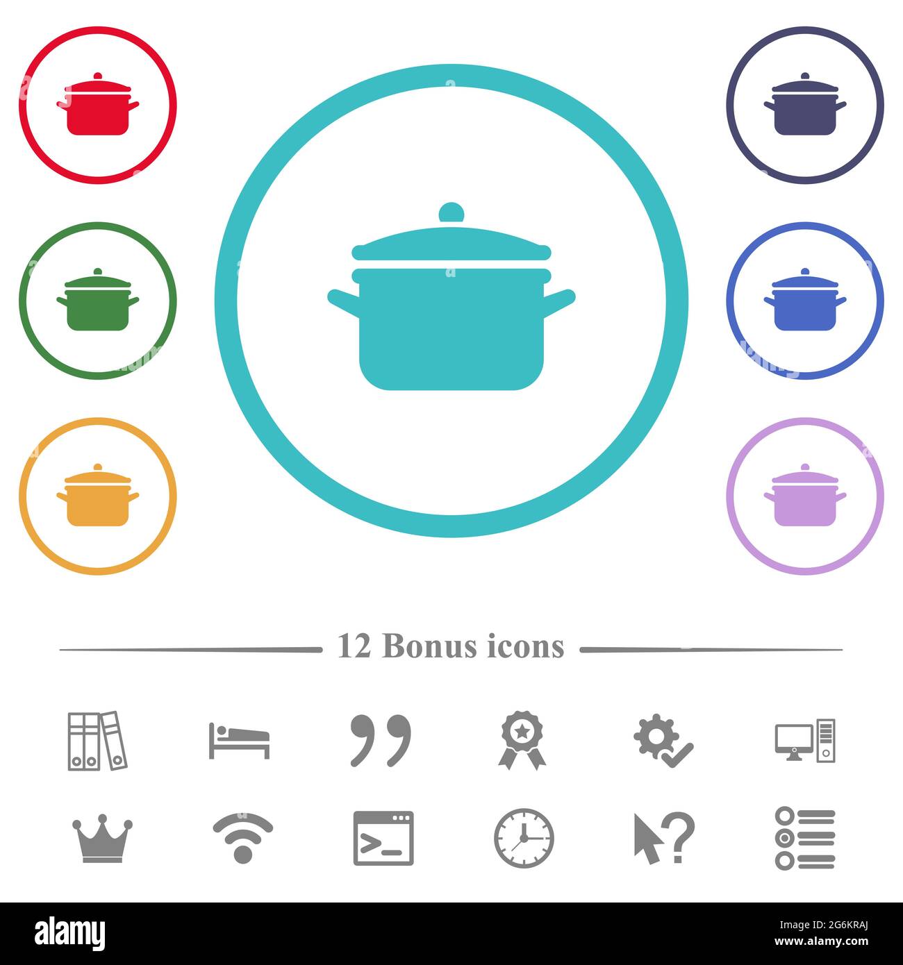 Pot with lid flat color icons in circle shape outlines. 12 bonus icons ...
