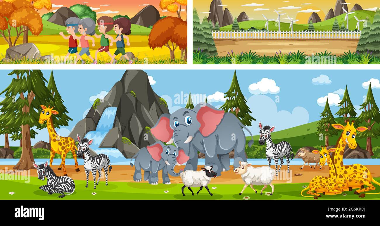 Set of outdoor panoramic landscape with cartoon character illustration ...