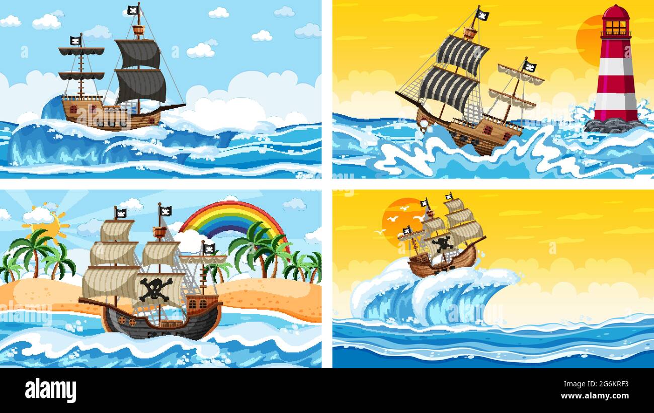 Set of Ocean with Pirate ship at different times scenes in cartoon ...