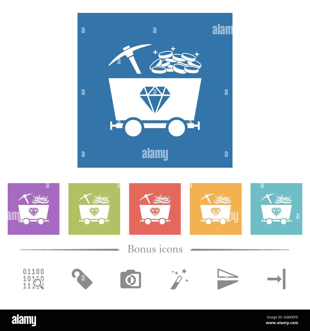 Diamond mining with treasure flat white icons in square backgrounds. 6 ...