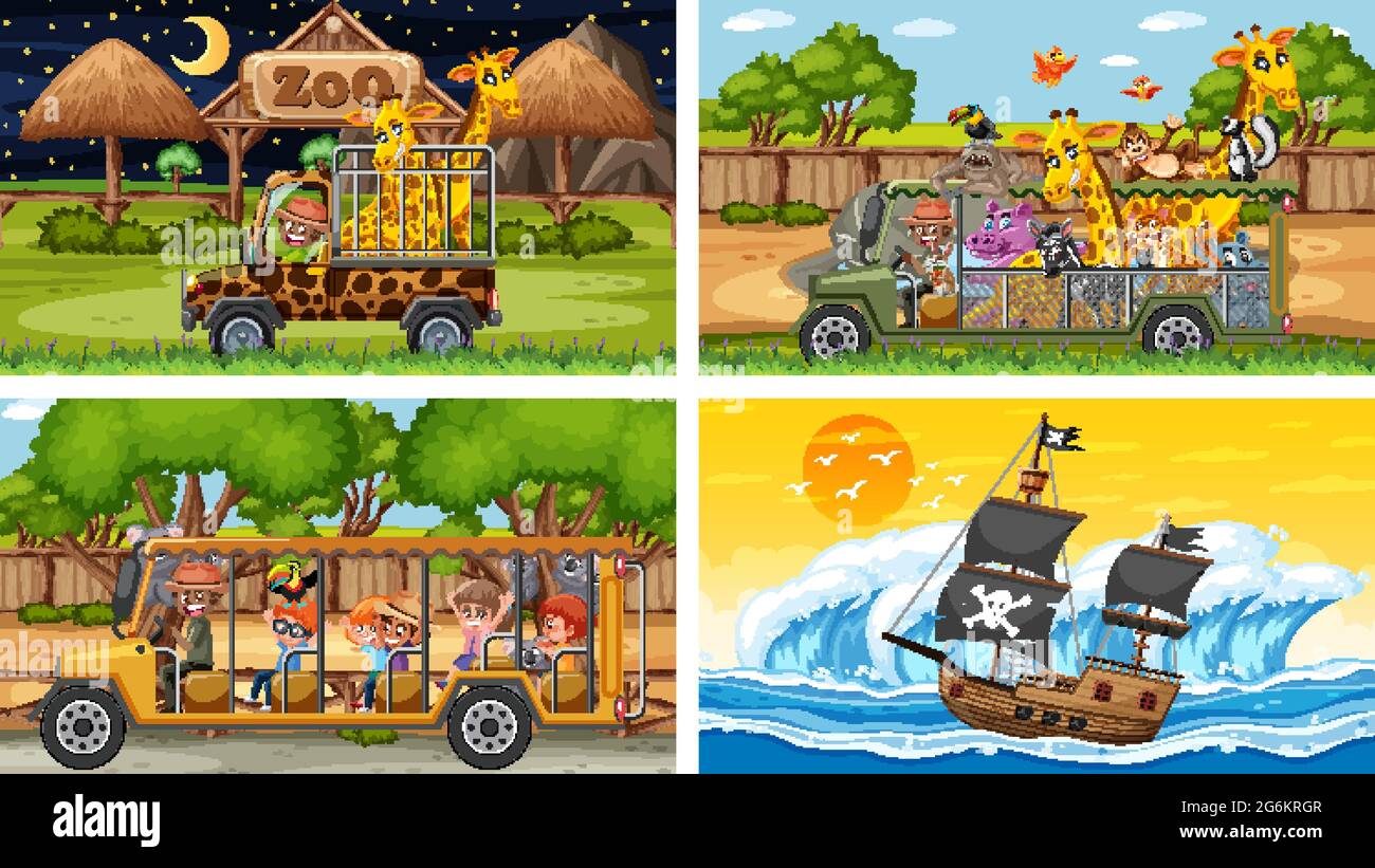 Set of different scenes with pirate ship at the sea and animals in the ...