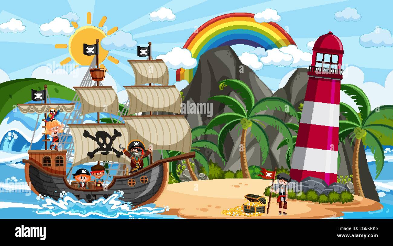 Beach with Pirate ship at daytime scene in cartoon style illustration ...