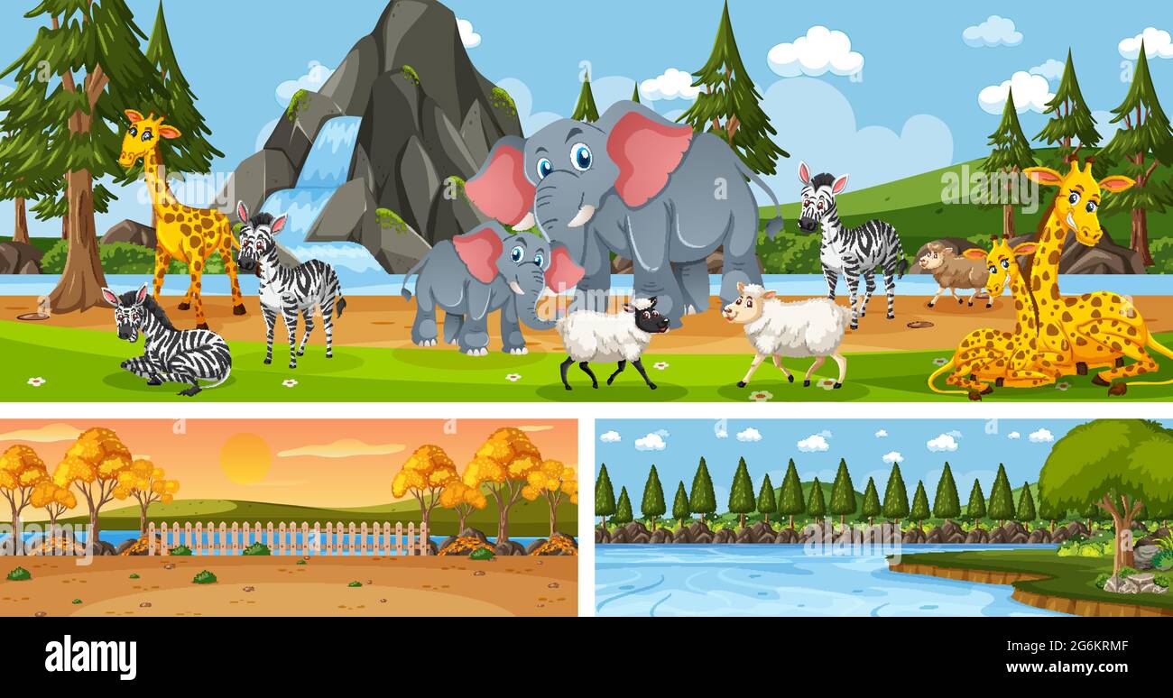 Set of outdoor panoramic landscape with cartoon character illustration ...